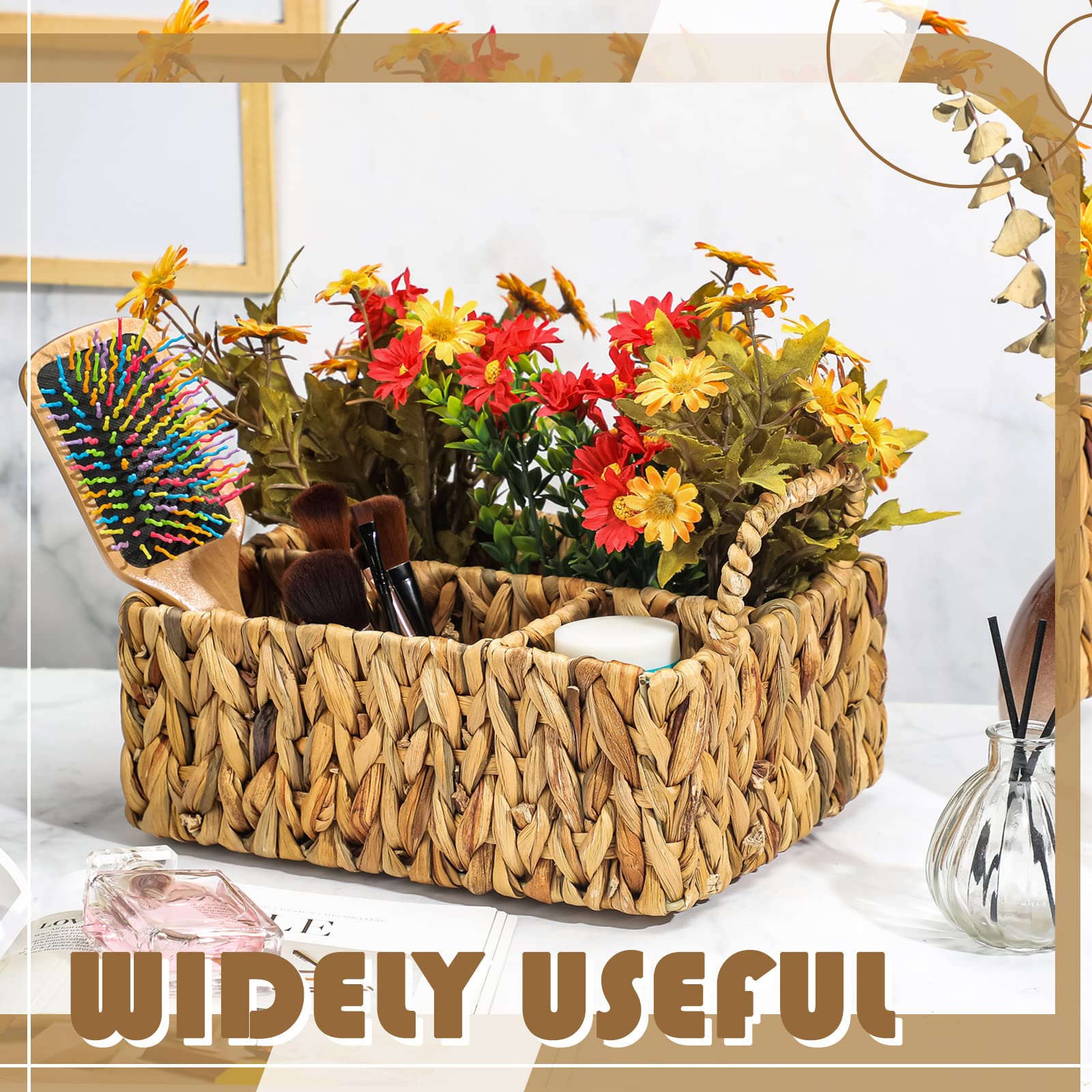 Wicker Flatware Storage Basket Utensil Caddy Hand Woven Divided Cutlery Holder Kitchen Utensil Organizer Water Hyacinth Silverware Organizer with Handle for Countertop Party, 10 x 7.9 x 3.9 Inch