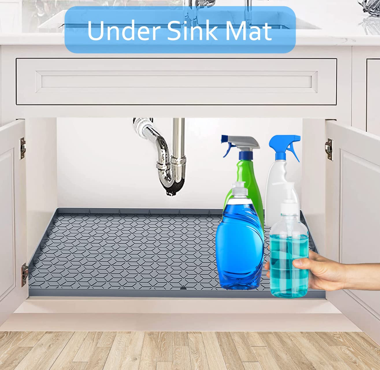 TALVADI Under Sink Mat - Under Sink Tray, 34"x22" Flexible Waterproof Silicone Under Sink Organizer with Drain Hole, Sink Cabinet Protector Mat for Kitchen & Bathroom