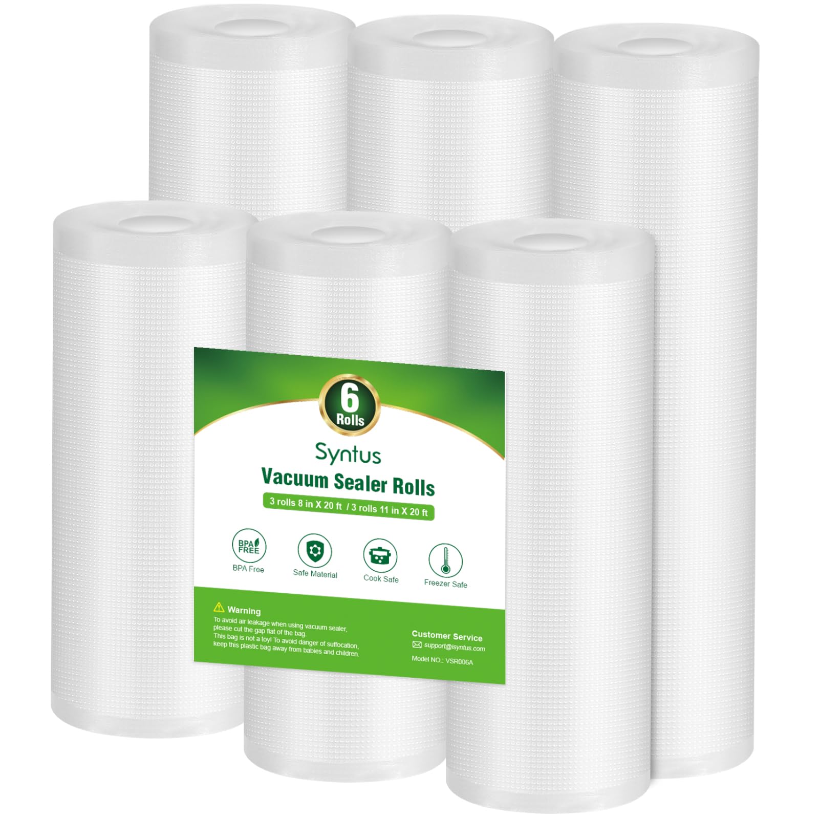 Syntus Vacuum Sealer Bags, 6 Pack 3 Rolls 11" x 20' and 3 Rolls 8" x 20' Commercial Grade Bag Rolls, Food Vac Bags for Storage, Meal Prep or Sous Vide