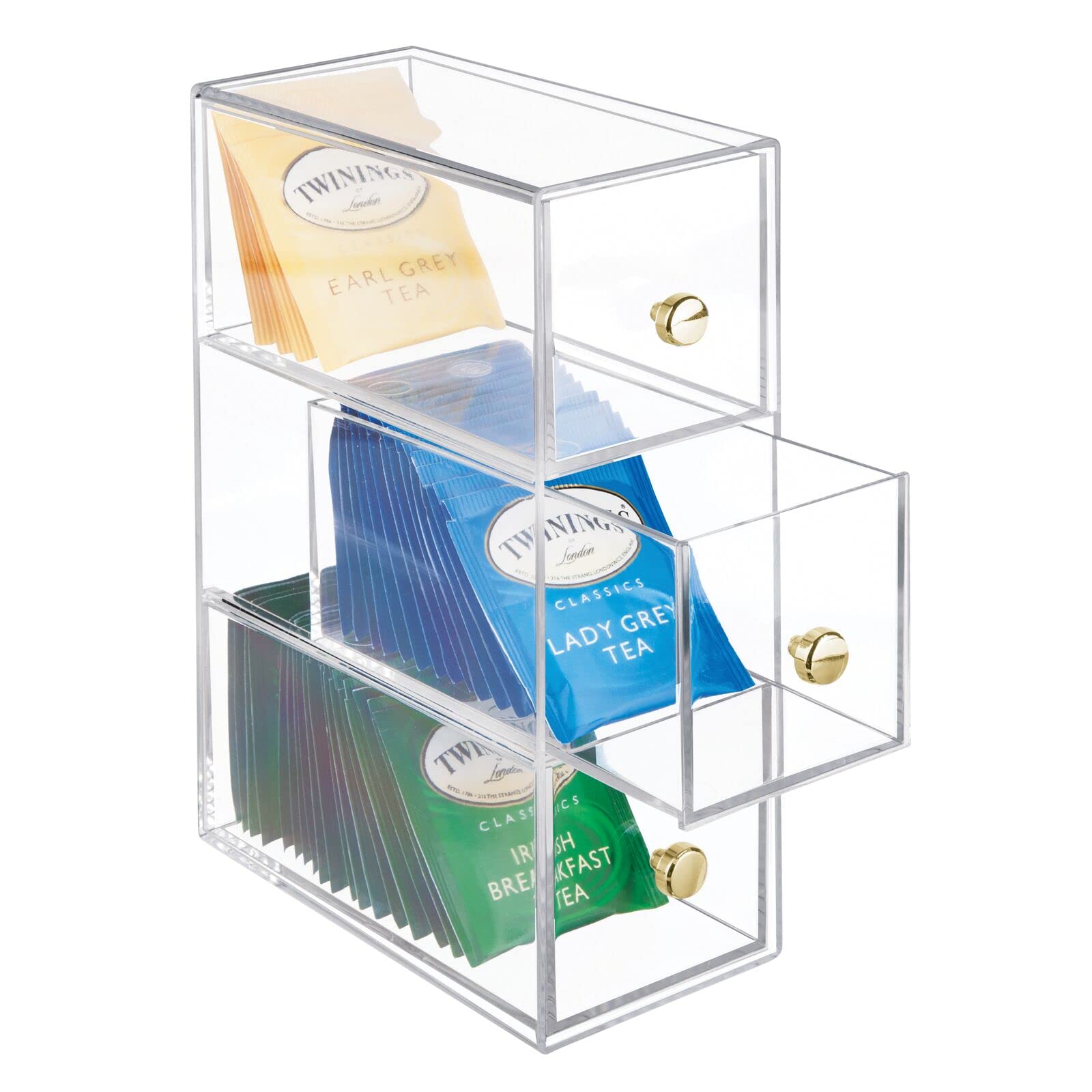 mDesign Plastic Kitchen Pantry Stackable Storage Organizer Container Station with 3 Drawers for Cabinet, Countertop, Holds Coffee, Tea, Sugar Packets, Creamers, Drink Pods, Packets - Clear/Soft Brass