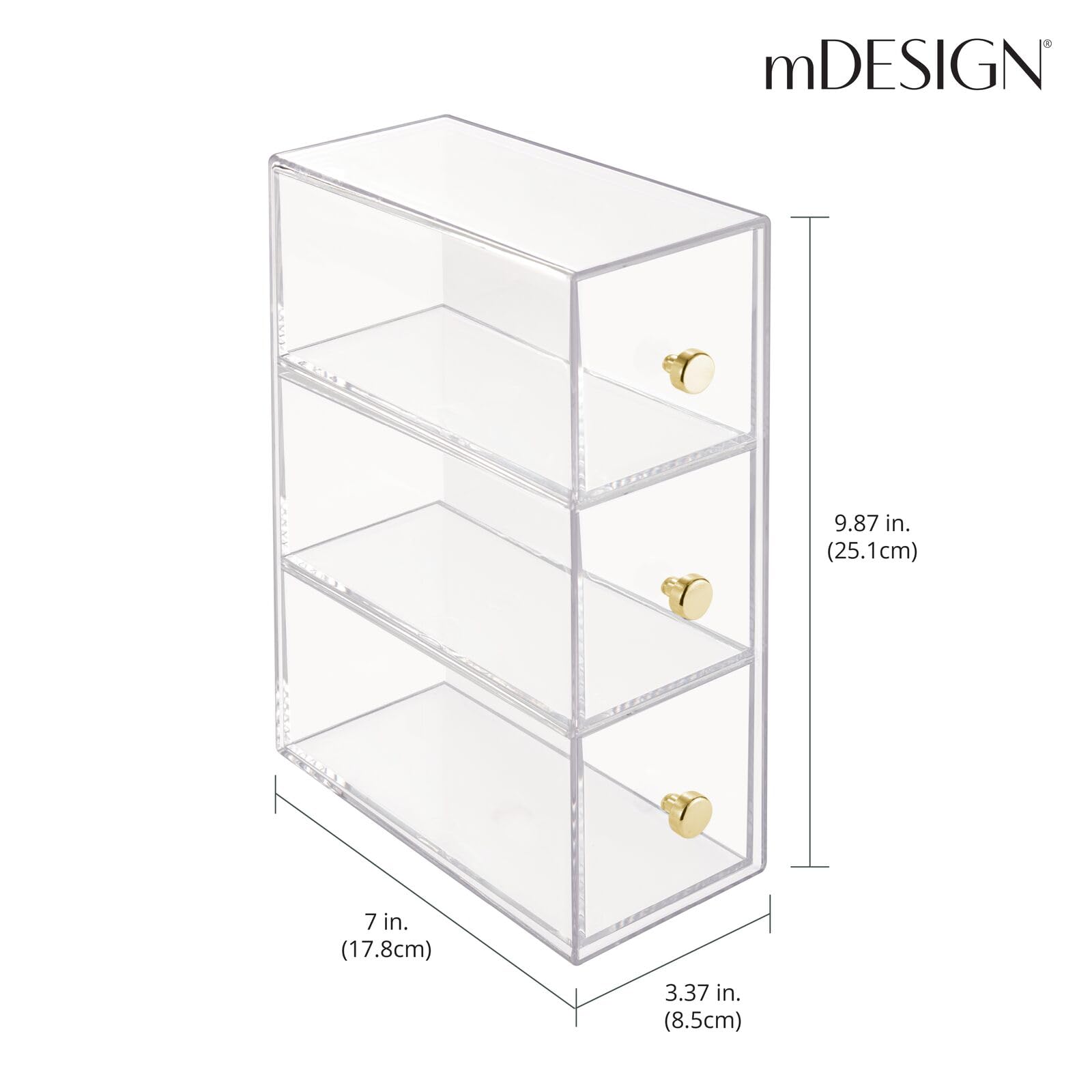 mDesign Plastic Kitchen Pantry Stackable Storage Organizer Container Station with 3 Drawers for Cabinet, Countertop, Holds Coffee, Tea, Sugar Packets, Creamers, Drink Pods, Packets - Clear/Soft Brass