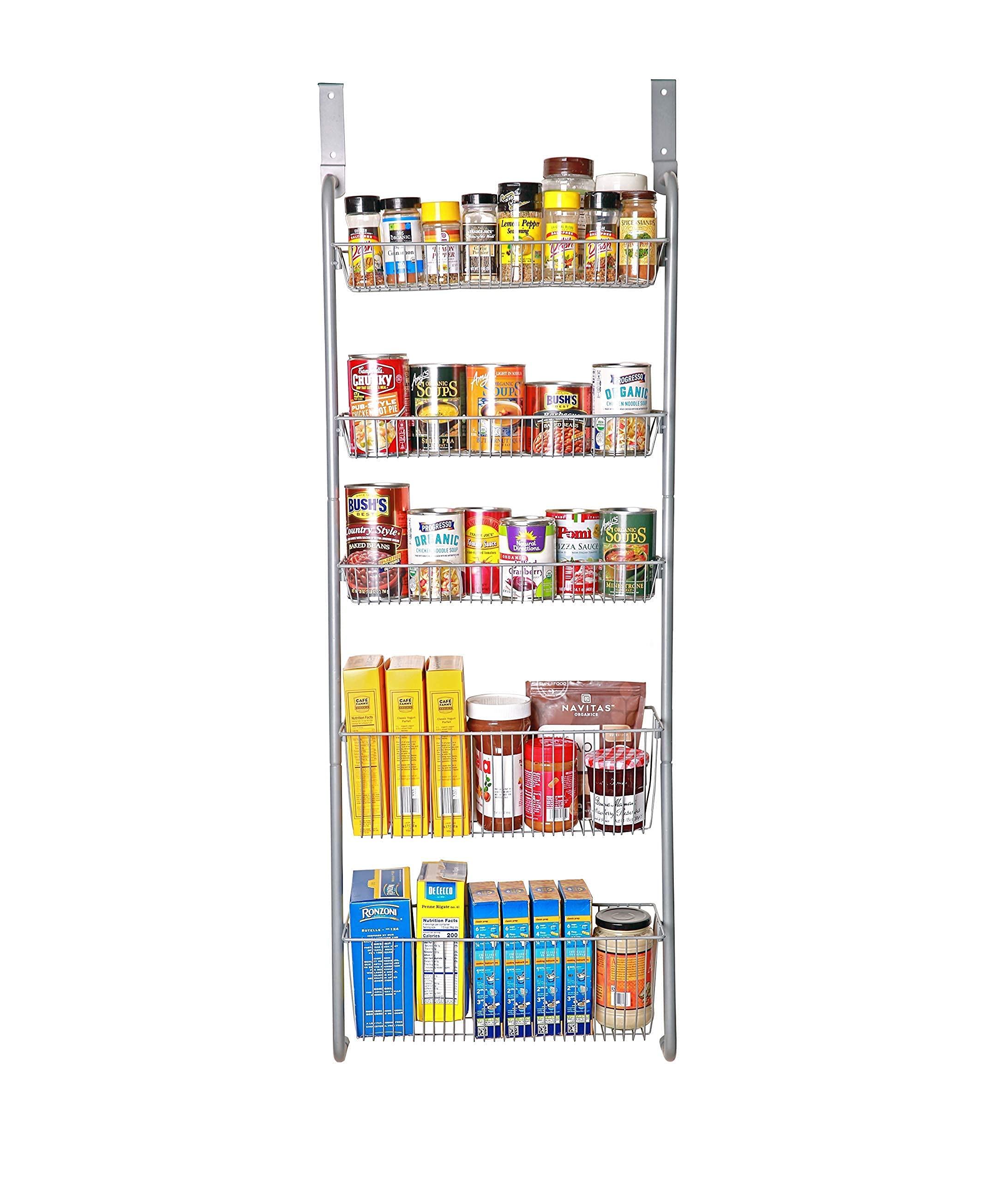 Bee Home Over the Cabinet Pantry Door or Wall Mounted Heavy Duty Metal Basket Organizer Storage Rack for Kitchen, Bathroom, Office, Toy Room includes hooks for over the door or wall mounting (5 Tier)