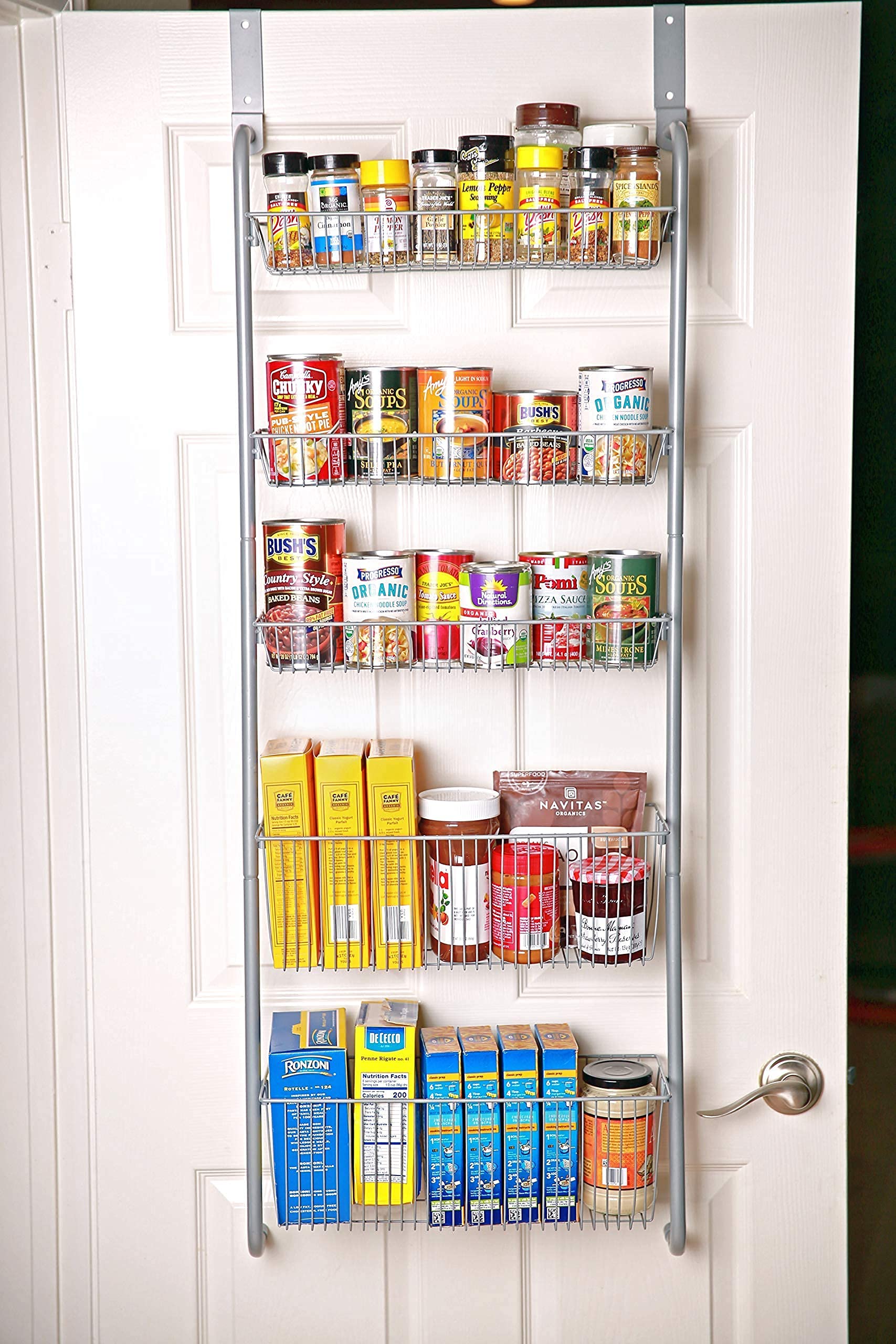 Bee Home Over the Cabinet Pantry Door or Wall Mounted Heavy Duty Metal Basket Organizer Storage Rack for Kitchen, Bathroom, Office, Toy Room includes hooks for over the door or wall mounting (5 Tier)