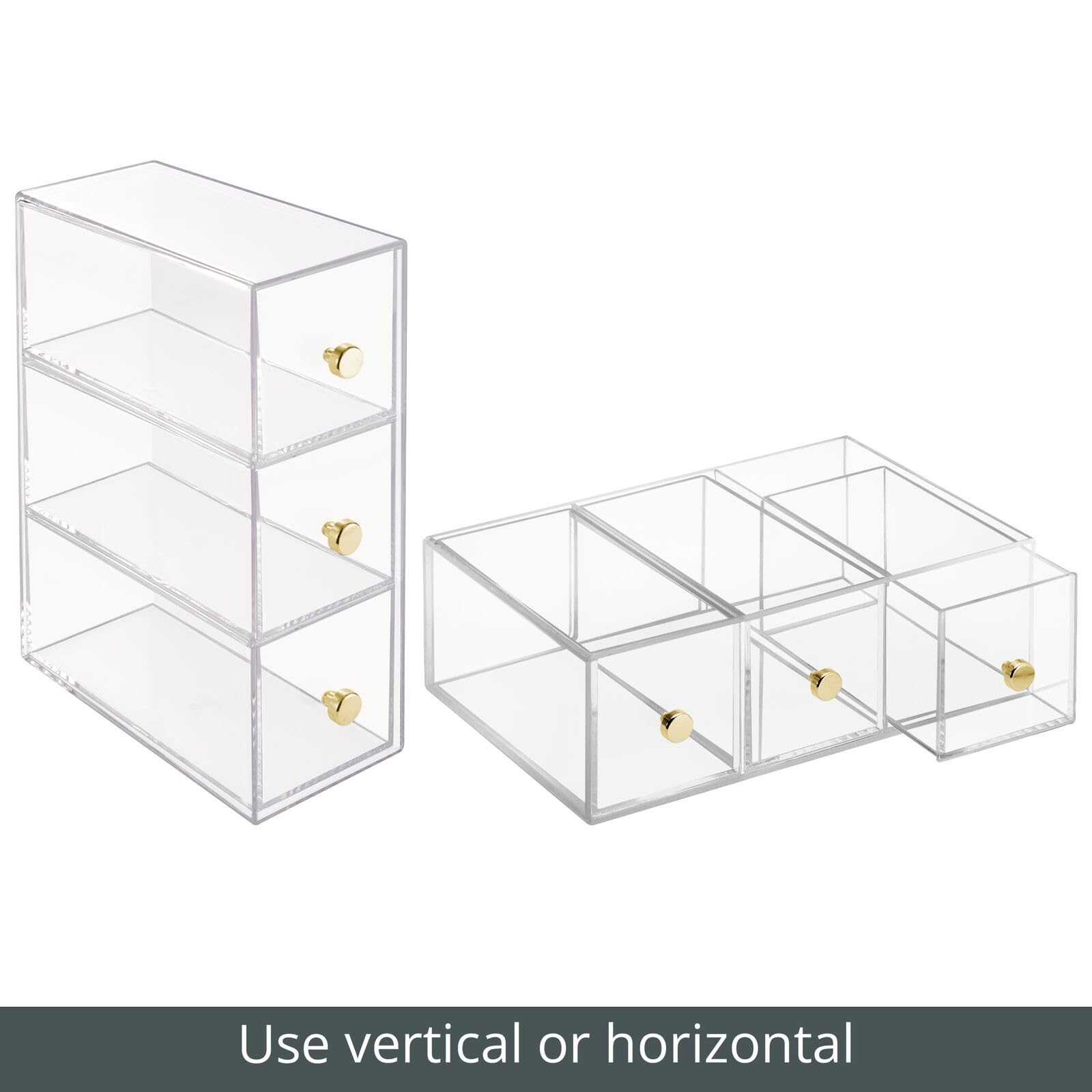mDesign Plastic Kitchen Pantry Stackable Storage Organizer Container Station with 3 Drawers for Cabinet, Countertop, Holds Coffee, Tea, Sugar Packets, Creamers, Drink Pods, Packets - Clear/Soft Brass
