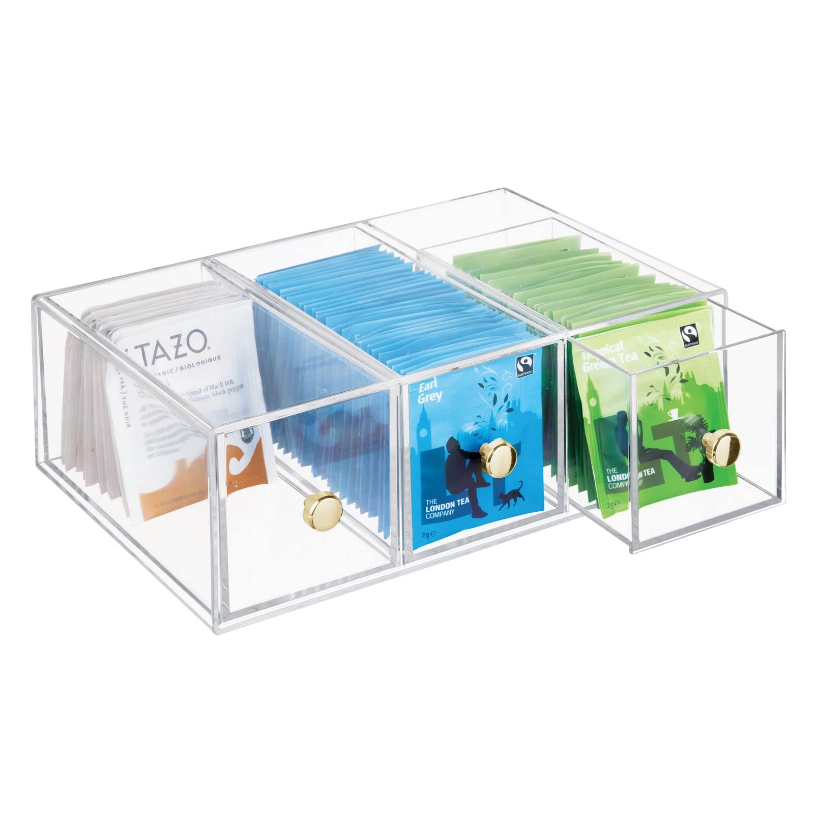 mDesign Plastic Kitchen Pantry Stackable Storage Organizer Container Station with 3 Drawers for Cabinet, Countertop, Holds Coffee, Tea, Sugar Packets, Creamers, Drink Pods, Packets - Clear/Soft Brass