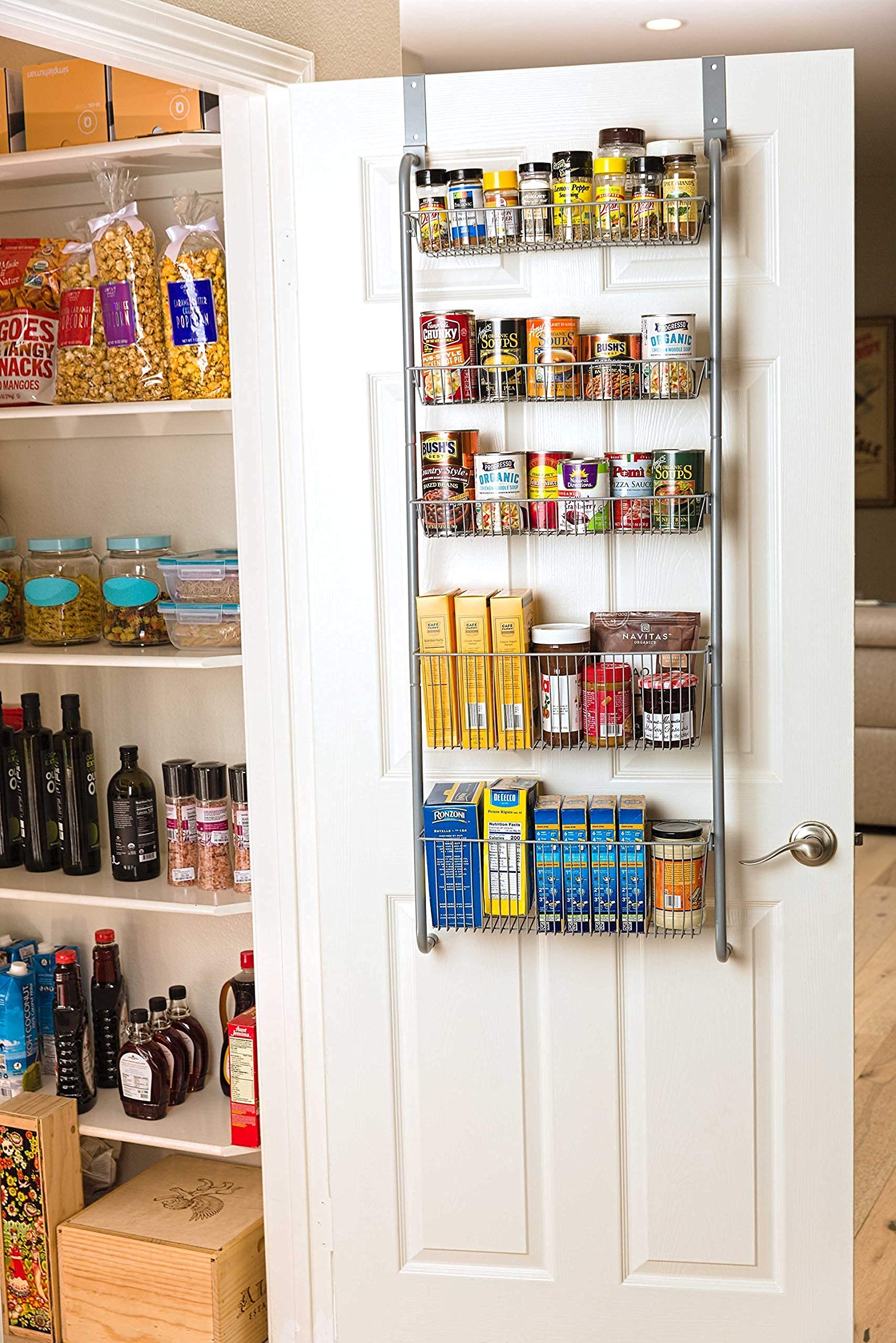 Bee Home Over the Cabinet Pantry Door or Wall Mounted Heavy Duty Metal Basket Organizer Storage Rack for Kitchen, Bathroom, Office, Toy Room includes hooks for over the door or wall mounting (5 Tier)
