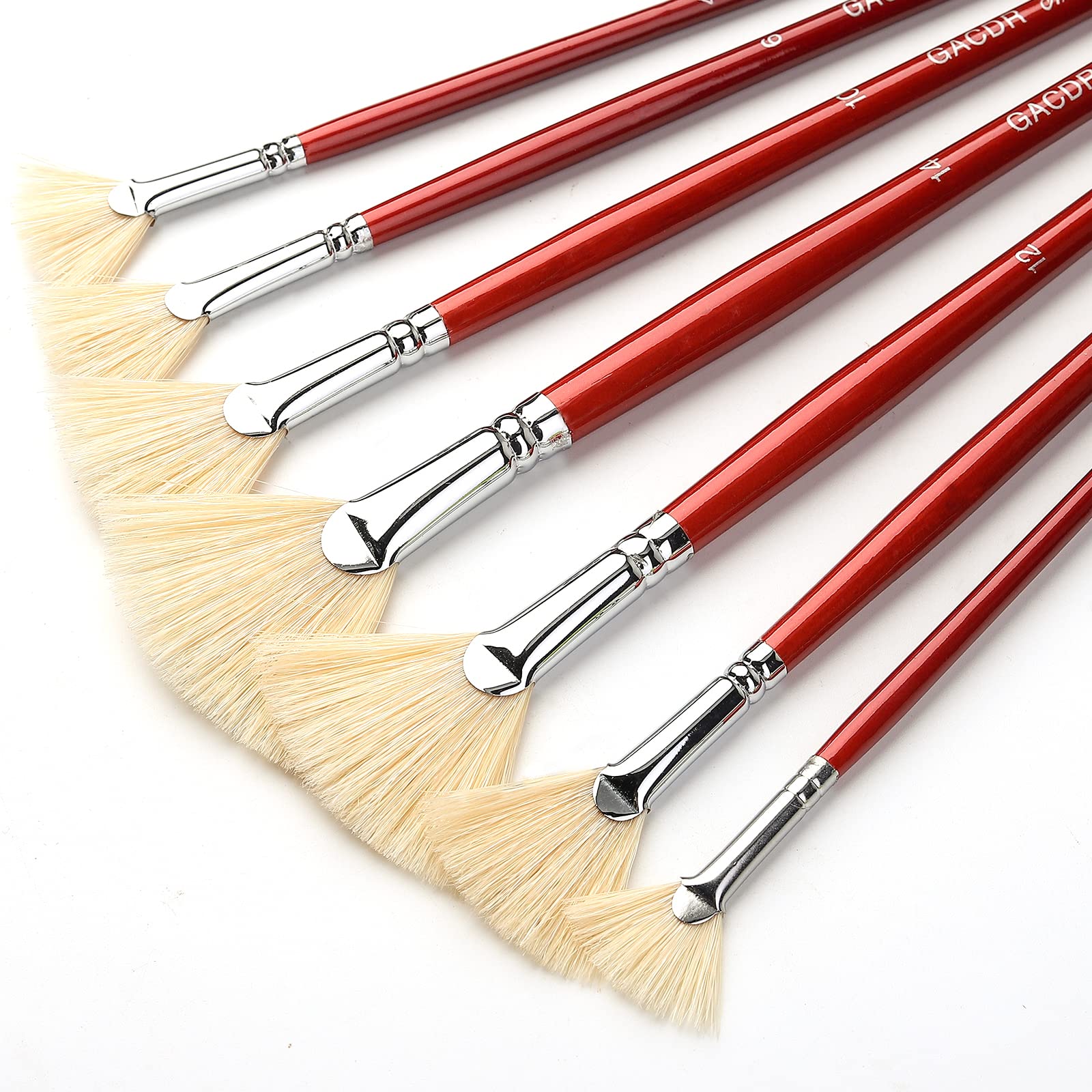 GACDR Fan Brush for Painting, 7 Pieces Fan Brush Set with Hog Bristle Natural Hair and Long Wood Handle, Professional Artist Fan Brushes for Acrylic Painting,Oil Watercolor Painting