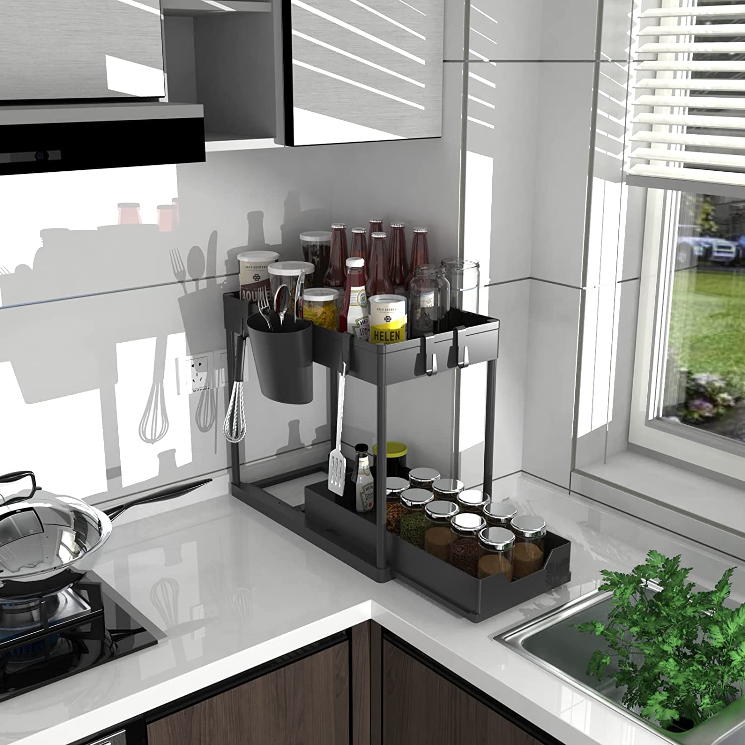 Under Sink Organizer,2 Tier Under Cabinet Organizer Sliding Under Bathroom Sink Organizers and Storage Multi-purpose Tidy Help Under Sink Storage Shelf Kitchen