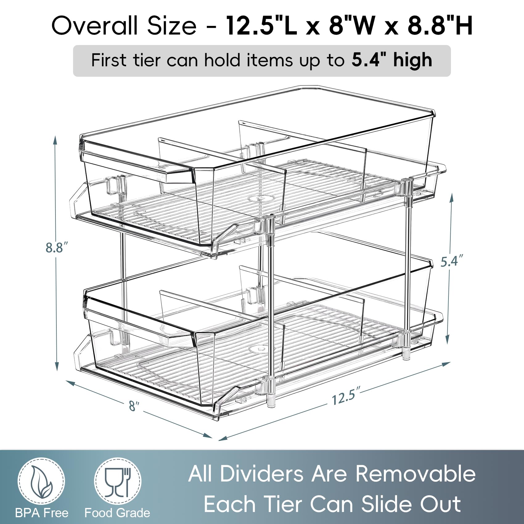2 Tier Clear Organizer with Dividers, Multi-Purpose Slide-Out Storage Container, Bathroom Vanity Counter Organizing Tray, Under Sink Closet Organization, Kitchen Pantry Medicine Cabniet Storage Bins