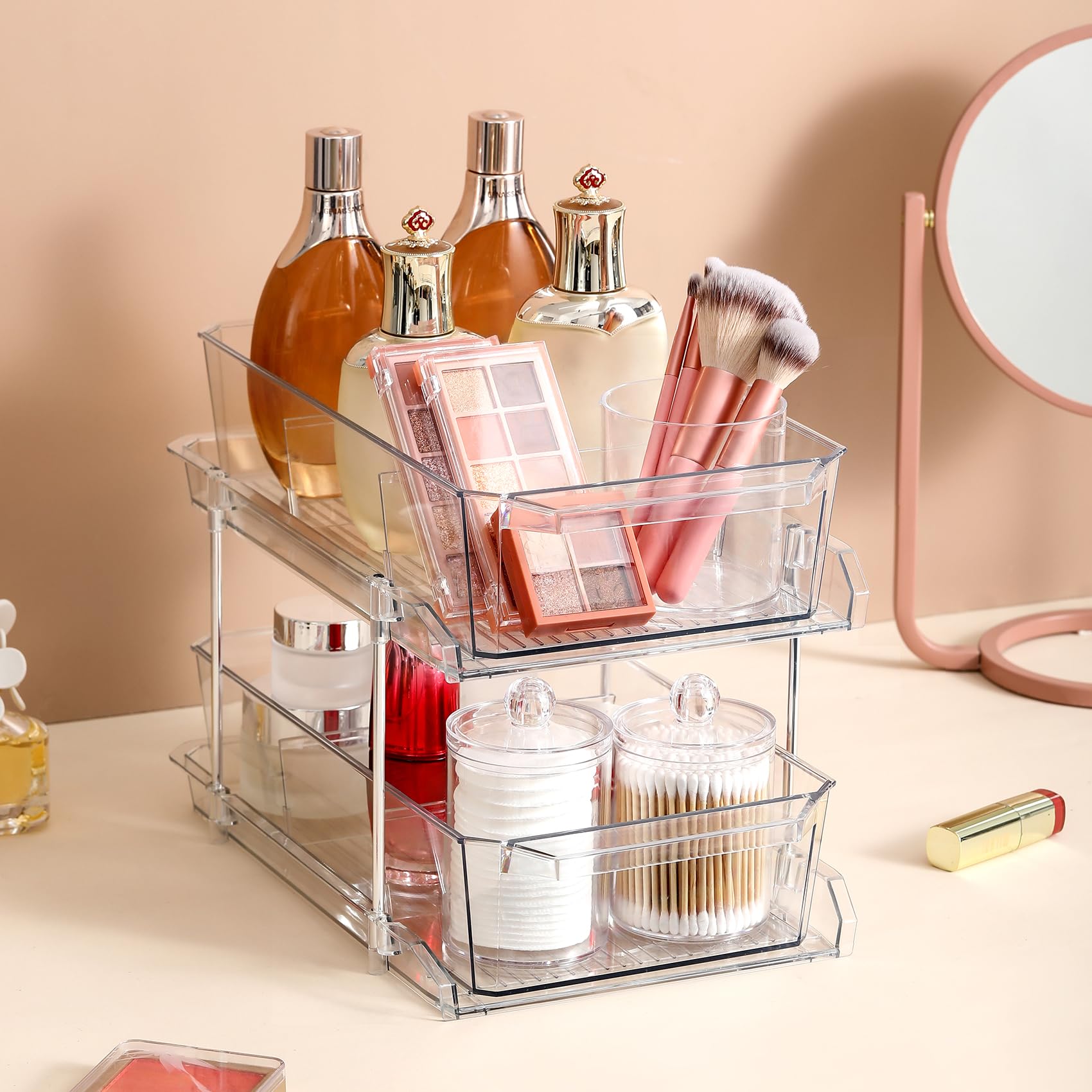 2 Tier Clear Organizer with Dividers, Multi-Purpose Slide-Out Storage Container, Bathroom Vanity Counter Organizing Tray, Under Sink Closet Organization, Kitchen Pantry Medicine Cabniet Storage Bins