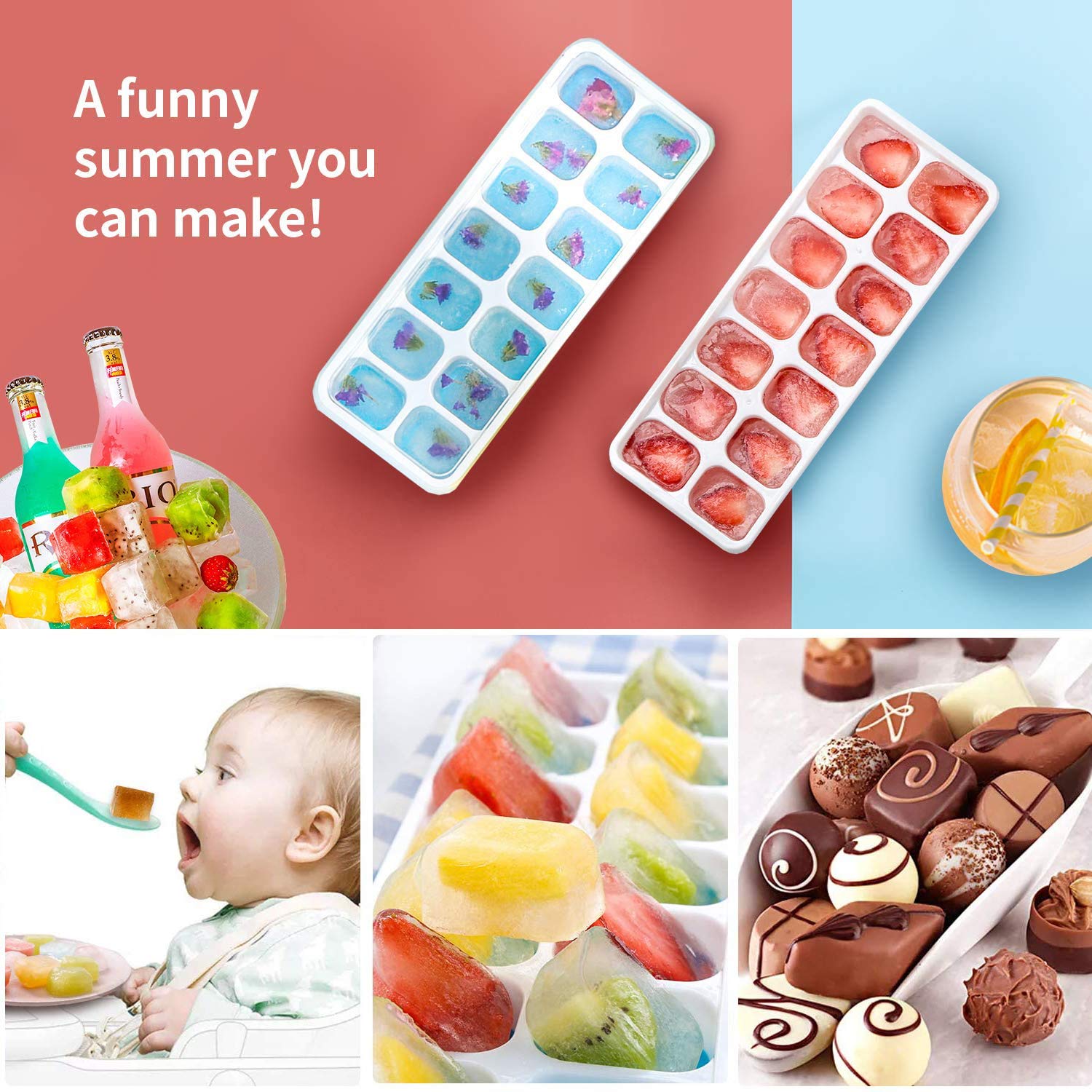 Ice Cube Trays 4 Pack, Airabc Silicone Ice Cube Trays with Removable Lid, Easy-Release Flexible 14-cube Ice Trays,BPA Free and LFGB Certified, Stackable Ice Trays with Covers for Cocktail, Freezer