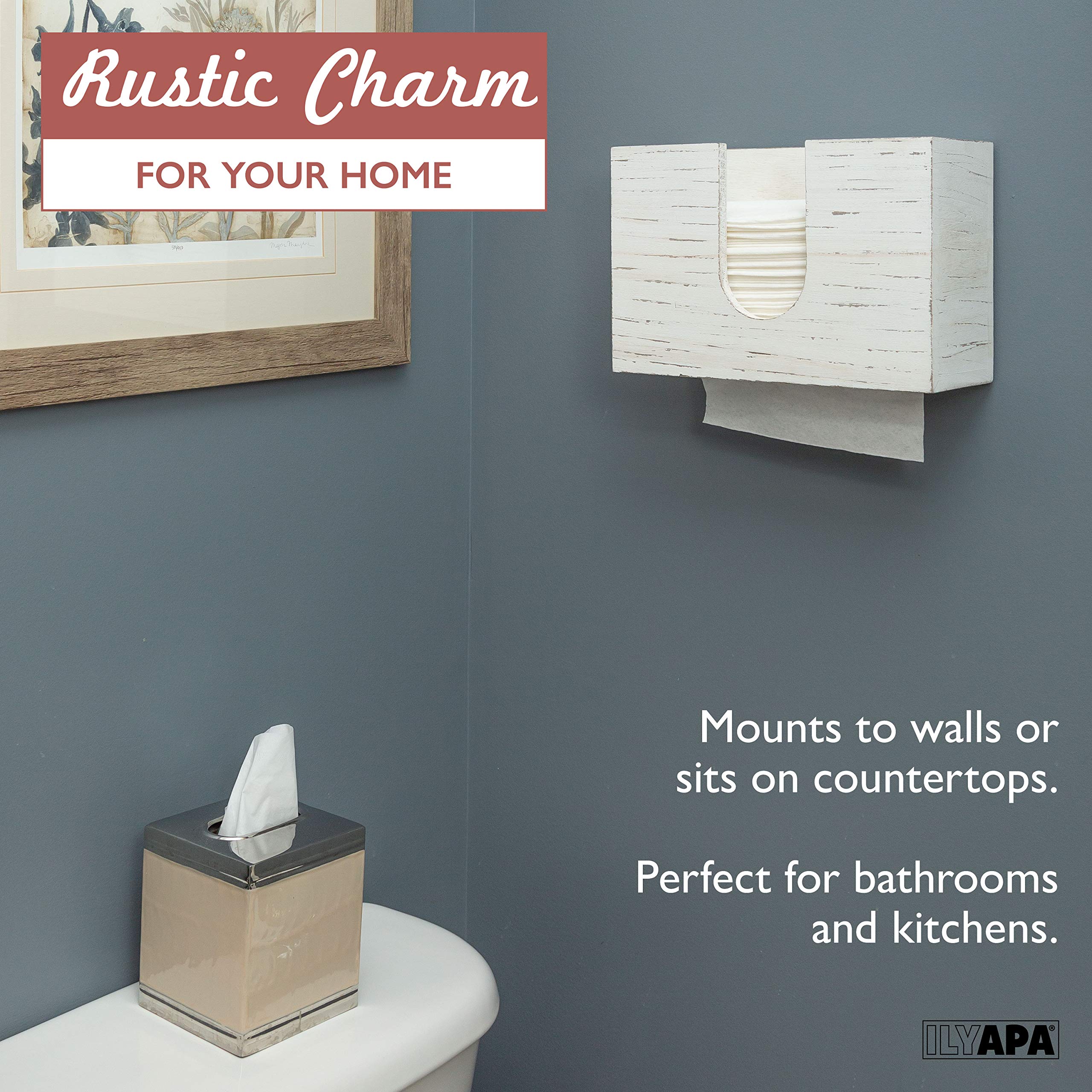 Ilyapa Wood Paper Towel Dispenser - Rustic Farmhouse White Wooden Multifold Hand Towel Holder