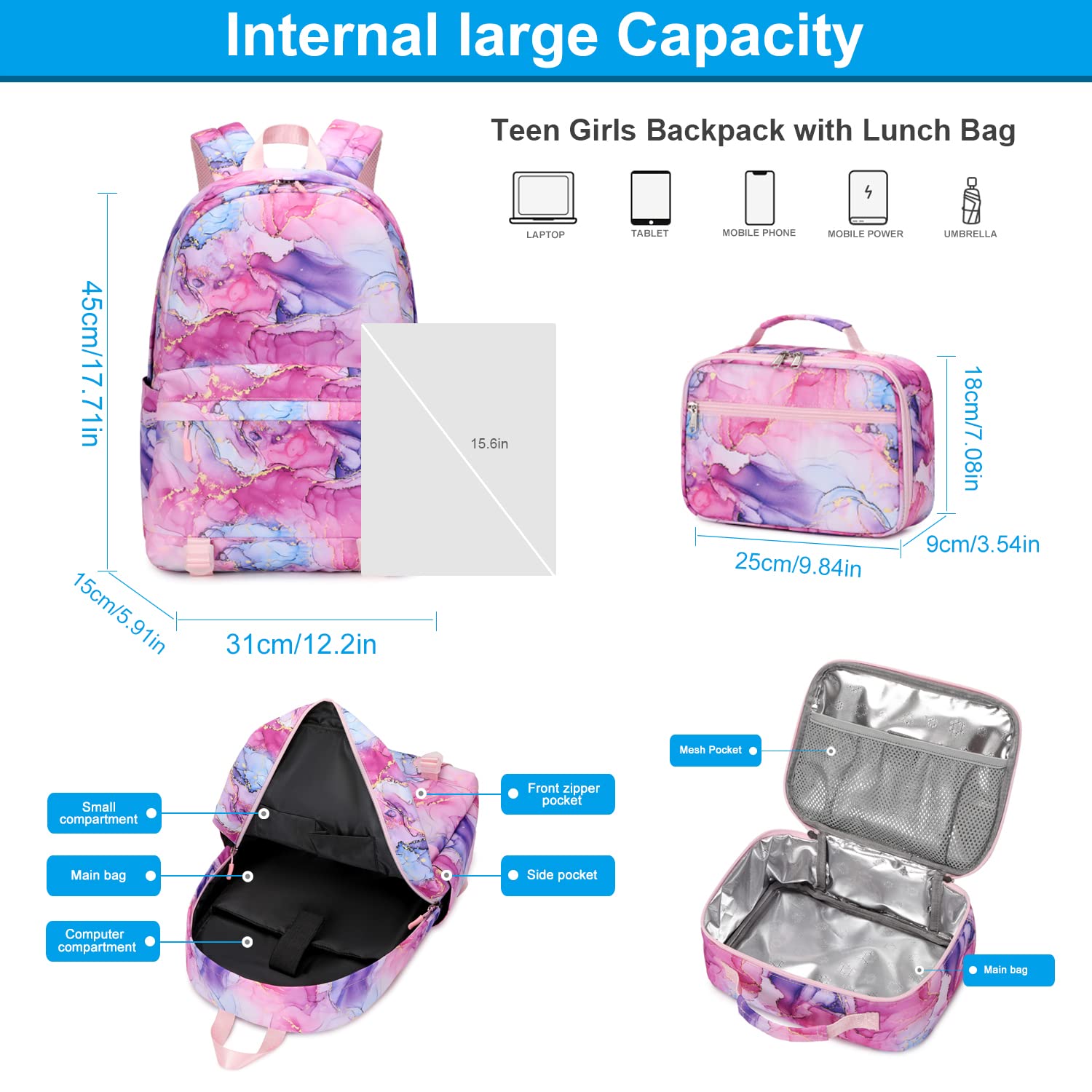 WUUDWALK Canvas Stripe Backpacks Sets Casual bag with USB Charging Port for Girls Teens School Boopacks With Lunch bag and Pencil bag (3pcs-Backpack set)