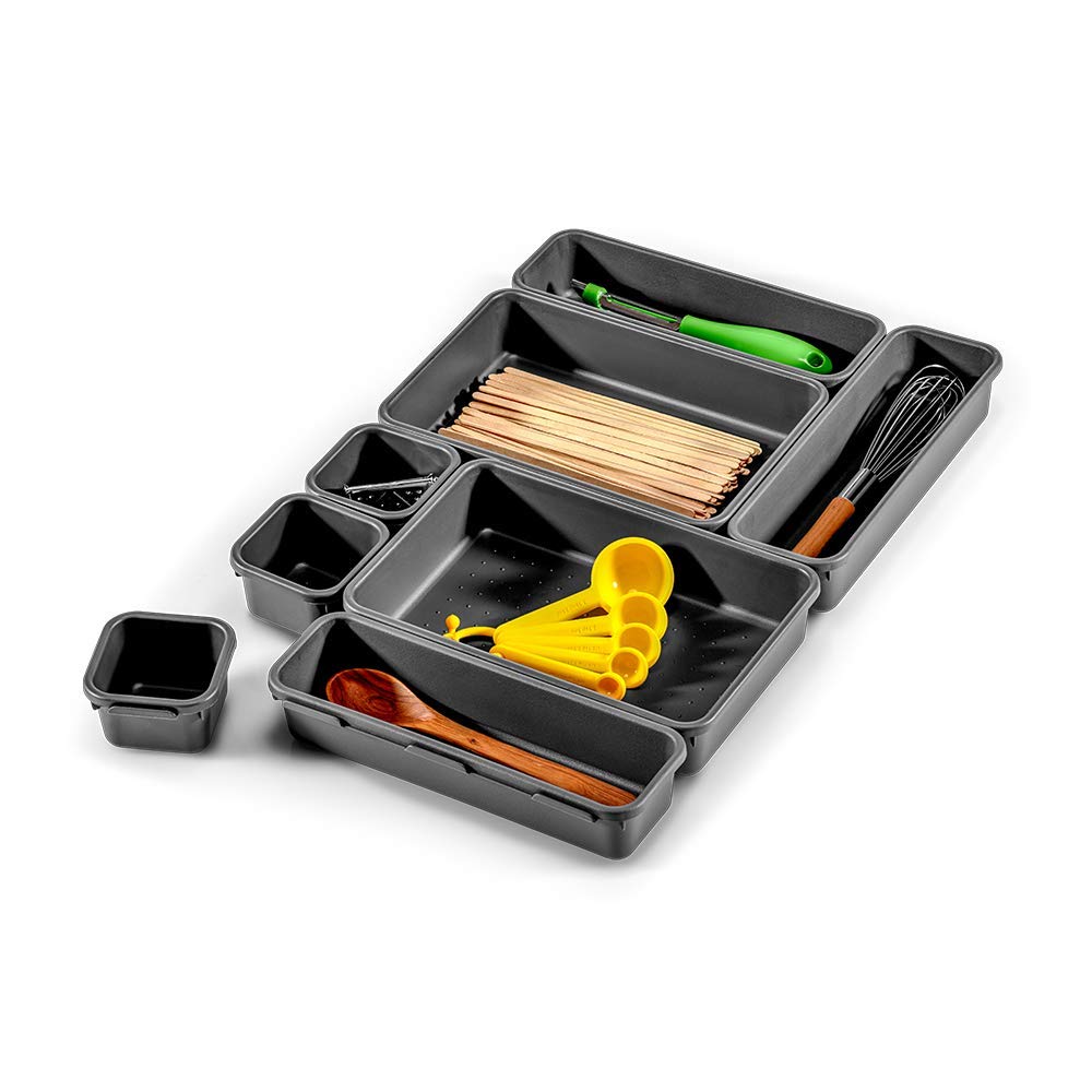 madesmart Value 8-Piece Interlocking Bin Pack - Granite & Original Junk Drawer Organizer-Granite| VALUE COLLECTION | 23-Compartments | Multi-Purpose Storage | Heavy Duty | BPA-Free