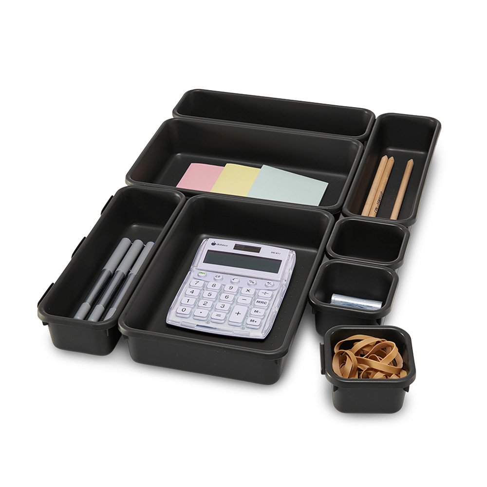 madesmart Value 8-Piece Interlocking Bin Pack - Granite & Original Junk Drawer Organizer-Granite| VALUE COLLECTION | 23-Compartments | Multi-Purpose Storage | Heavy Duty | BPA-Free