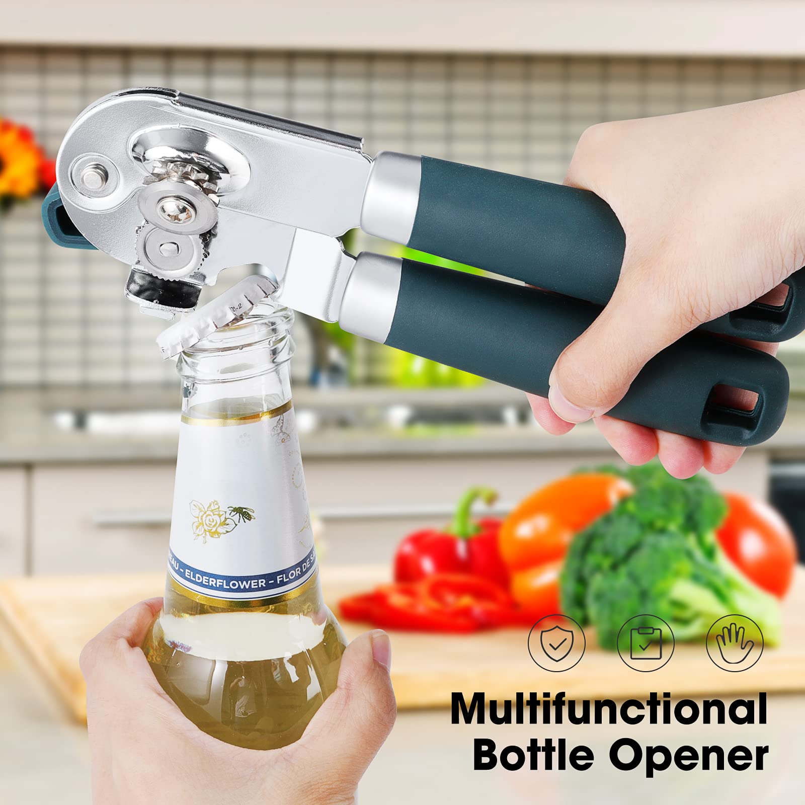 Can Opener Manual, Can Opener with Magnet, Hand Can Opener with Sharp Blade Smooth Edge, Handheld Can Openers with Big Effort-Saving Knob, Can Opener with Multifunctional Bottles Opener