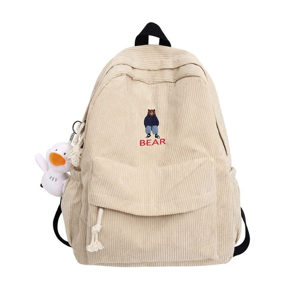 Large Kawaii Bear Corduroy Backpack with Cute Duck Pendant for Girl Student Teen Vintage Satchel Bookbag School Bag Laptop (Large,ABeige)