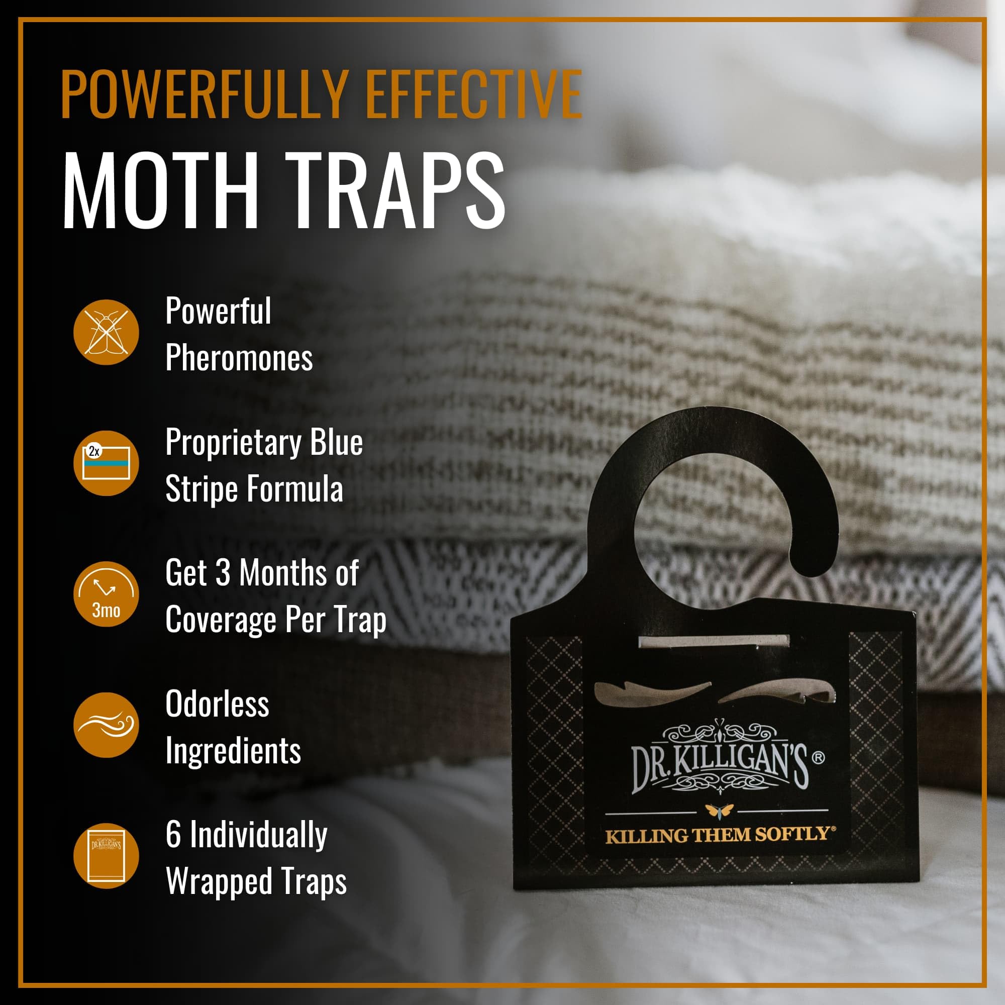 Dr. Killigan's Premium Clothing Moth Traps with Pheromones Prime | 6-Pack Non-Toxic Clothes Moth Trap with Lure for Closets & Carpet | Moth Treatment & Prevention | Case Making & Web Spinning (Black)