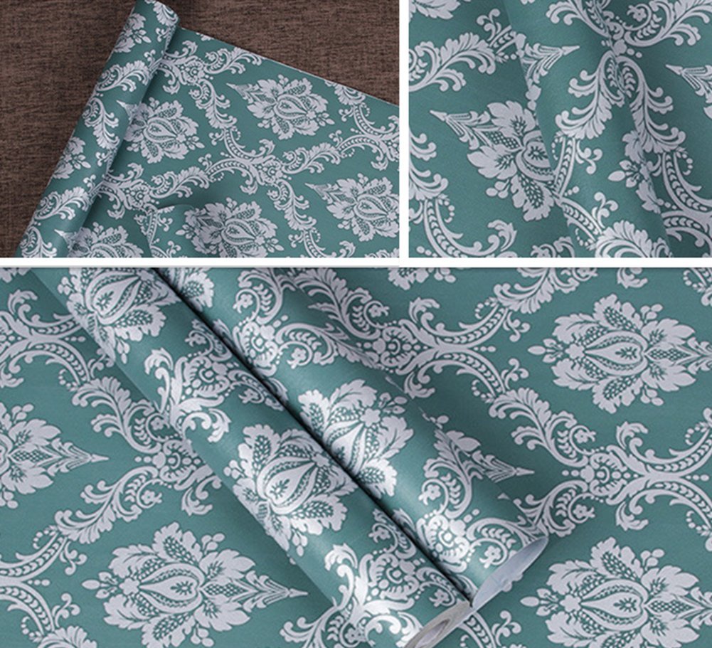 Teemall Self-Adhesive Wallpaper Light Green Damask Removable PVC Shelf Drawer Liner Home Decor 17.7 Inch by 9.8 Feet Sticker