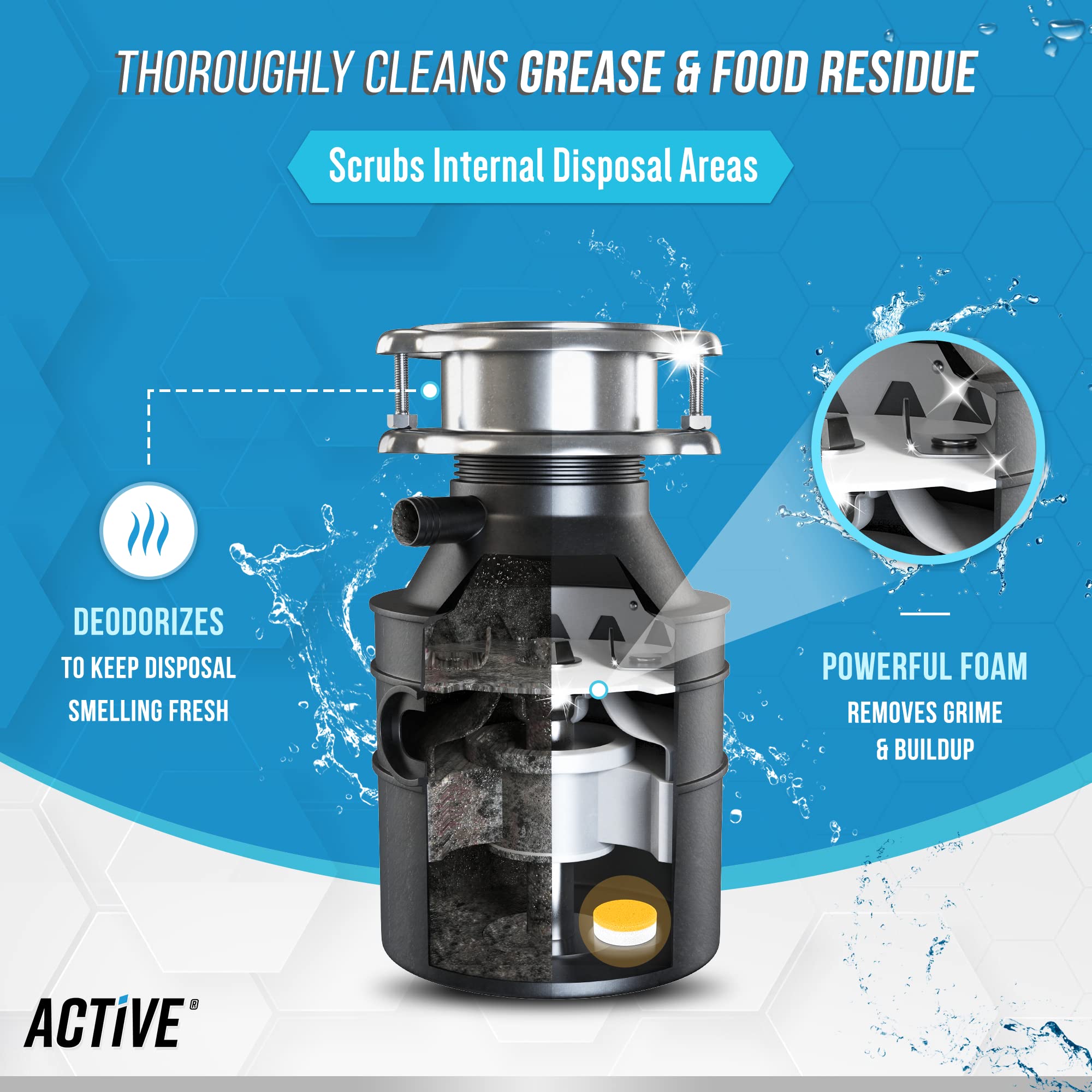 ACTIVE Garbage Disposal Cleaner Deodorizer Tablets 24 Pack - Fresh Citrus Foaming Scrub Sink and Disposer Freshener, Natural Kitchen Drain Cleaning Tablet - 1 Year Supply