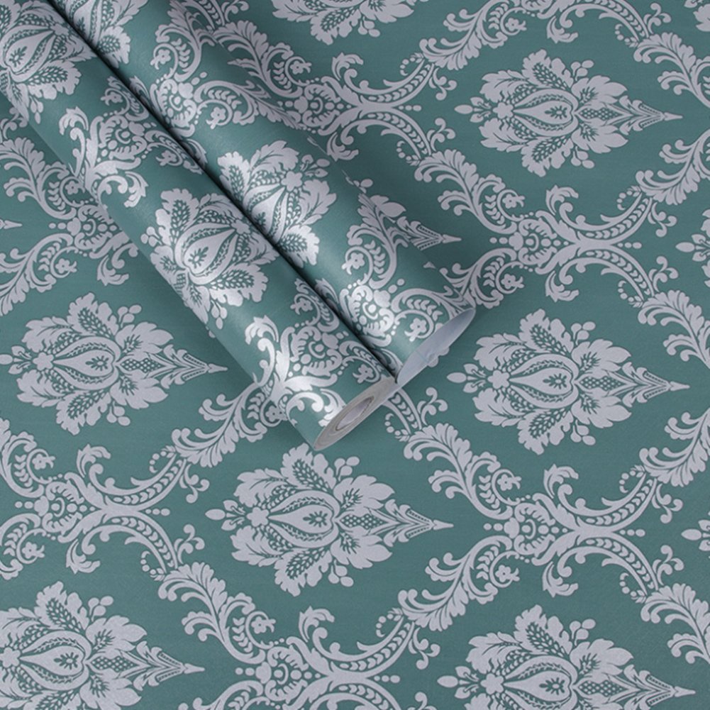 Teemall Self-Adhesive Wallpaper Light Green Damask Removable PVC Shelf Drawer Liner Home Decor 17.7 Inch by 9.8 Feet Sticker