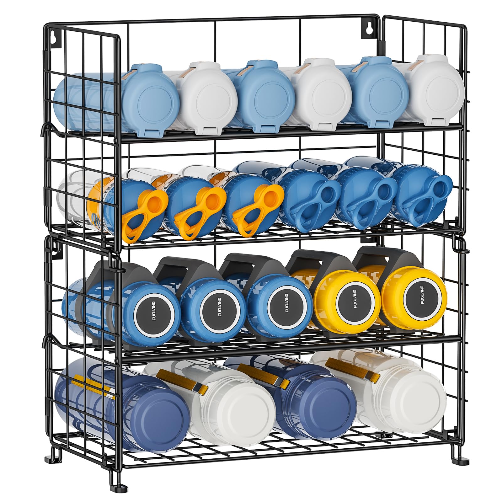 X-cosrack Adjustable Water Bottle Organizer,4-Tier Wall-Mounted Water Bottle Holder, Stackable Water Bottle Storage Rack for Kitchen Countertops,Pantry, Cabinet,Large(Patent No.:US D950,280 S)
