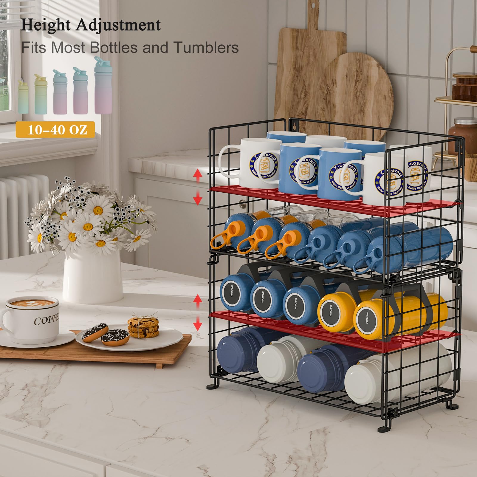 X-cosrack Adjustable Water Bottle Organizer,4-Tier Wall-Mounted Water Bottle Holder, Stackable Water Bottle Storage Rack for Kitchen Countertops,Pantry, Cabinet,Large(Patent No.:US D950,280 S)