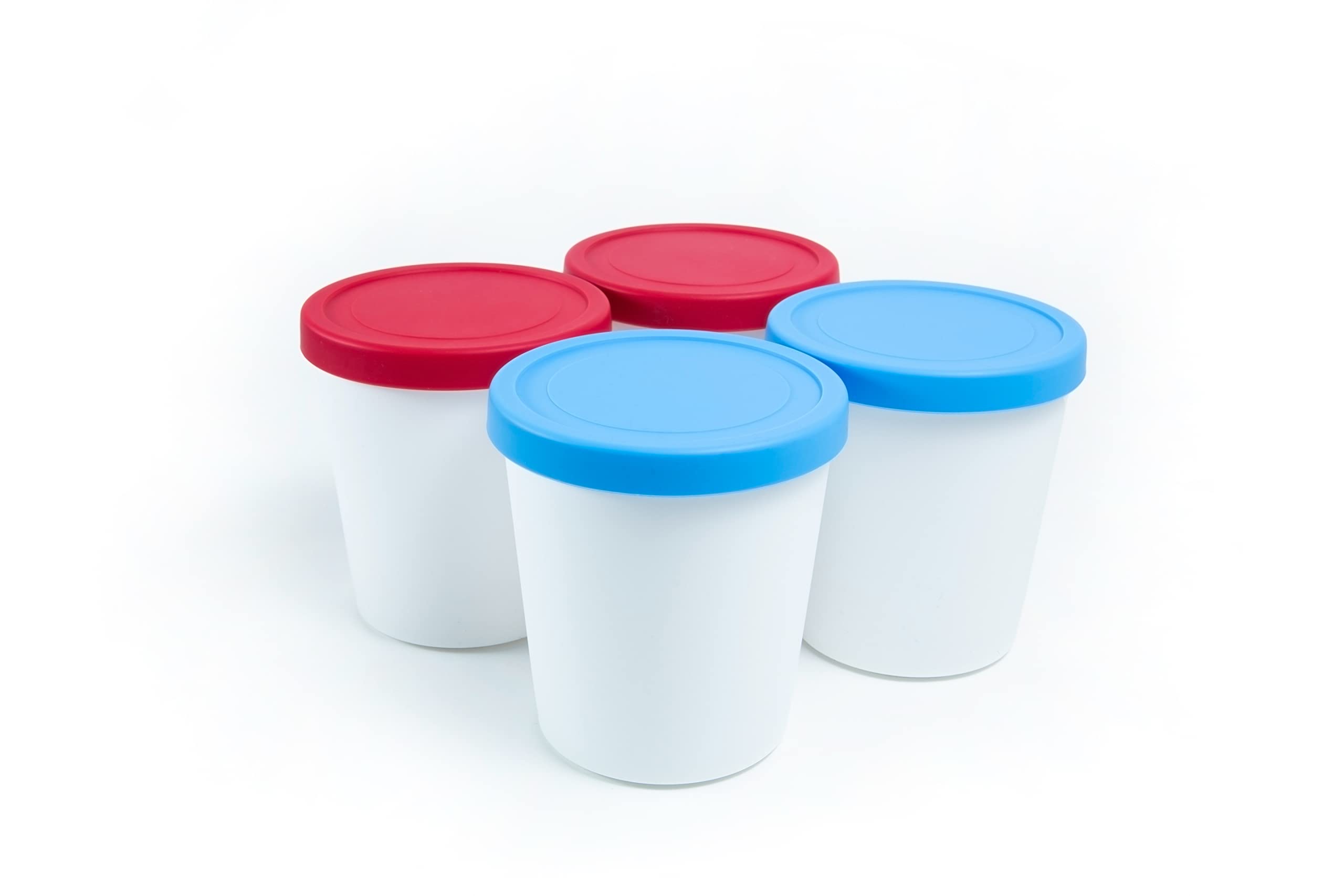 LIN Ice Cream Containers 4-Pack - 1Quart Reusable Round Storage Tubs for Homemade Ice Cream, Dessert, Gelato, Sorbet, 2 Red & 2 Blue Silicone Lids - Non-BPA Plastic Containers - Dishwasher-Safe - No Freezer Burn