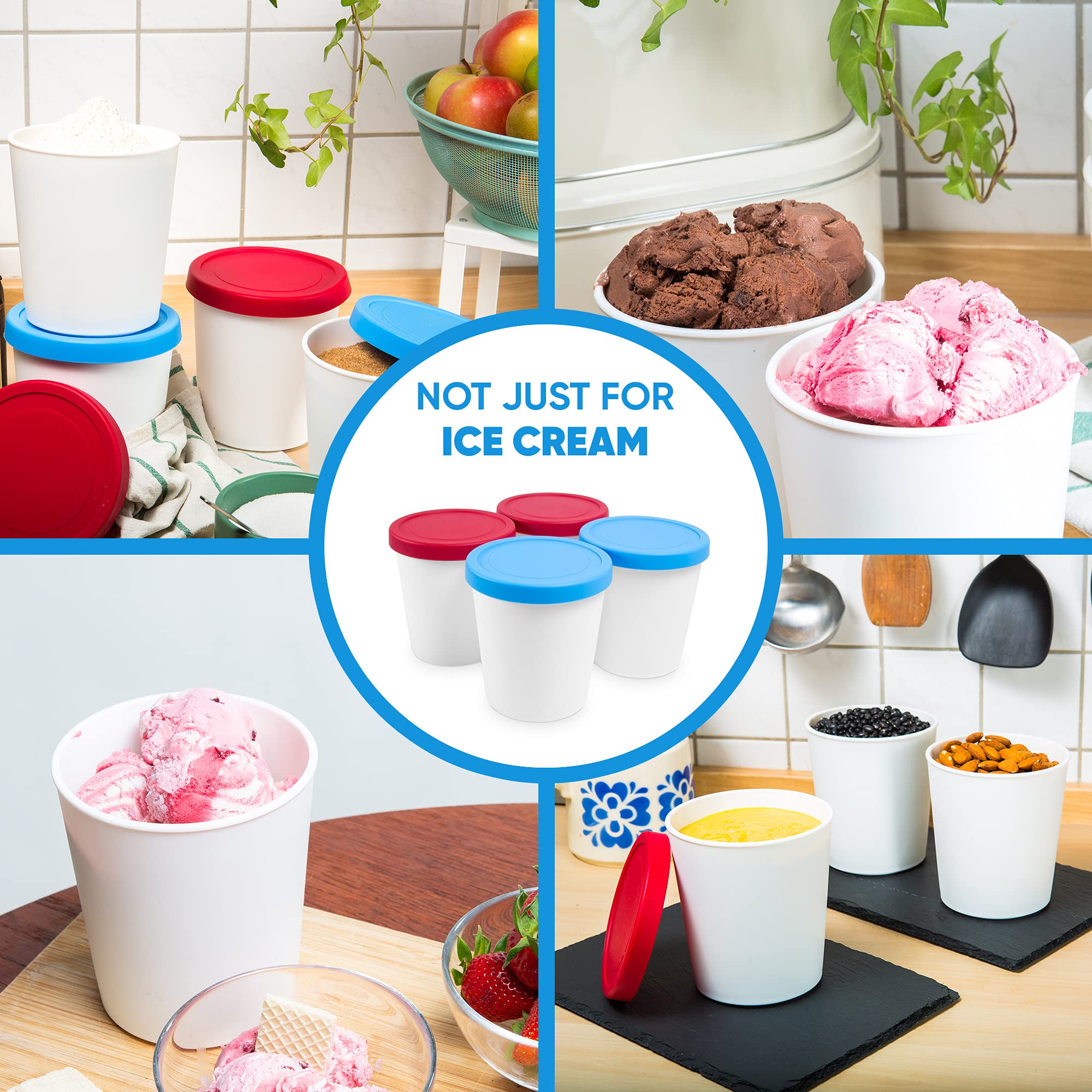 LIN Ice Cream Containers 4-Pack - 1Quart Reusable Round Storage Tubs for Homemade Ice Cream, Dessert, Gelato, Sorbet, 2 Red & 2 Blue Silicone Lids - Non-BPA Plastic Containers - Dishwasher-Safe - No Freezer Burn