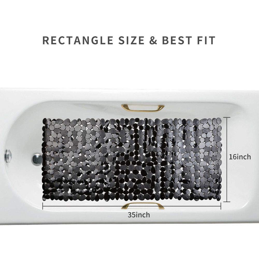 Non-Slip Pebble Bathtub Mat Black 16 W x 35 L Inches (for Smooth/Non-Textured Tubs Only) Safe Shower Mat with Drain Holes, Suction Cups for Bathroom