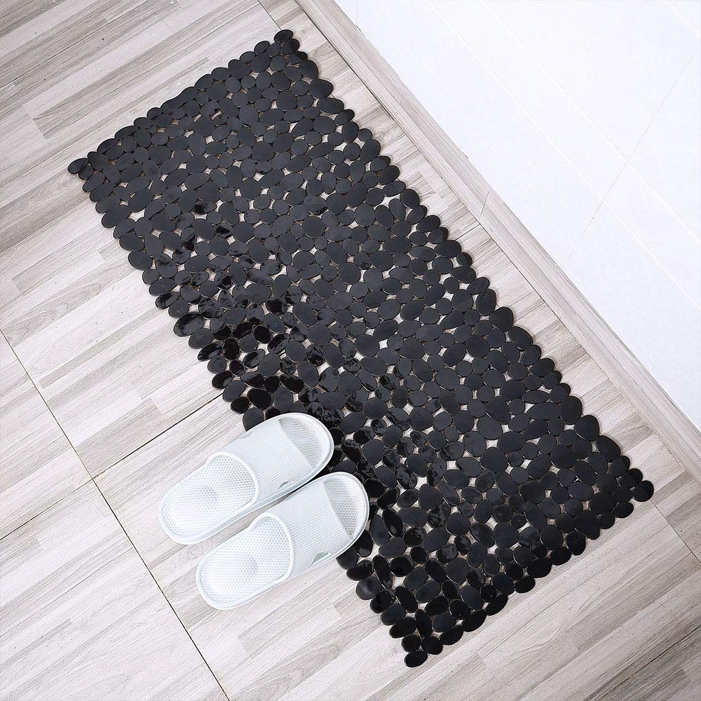 Non-Slip Pebble Bathtub Mat Black 16 W x 35 L Inches (for Smooth/Non-Textured Tubs Only) Safe Shower Mat with Drain Holes, Suction Cups for Bathroom