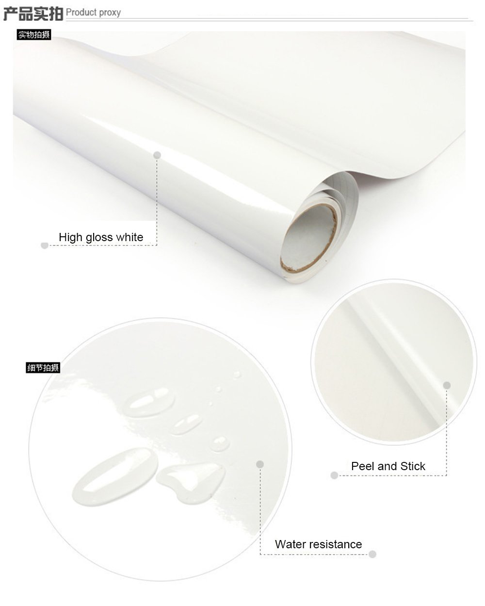 F&U Waterproof High Gloss Glittery Vinyl Pearl White Self Adhesive Wall Paper for Covering Kitchen Counter Top Cabinet Wardrobe Furniture (23.79" x 195", White)