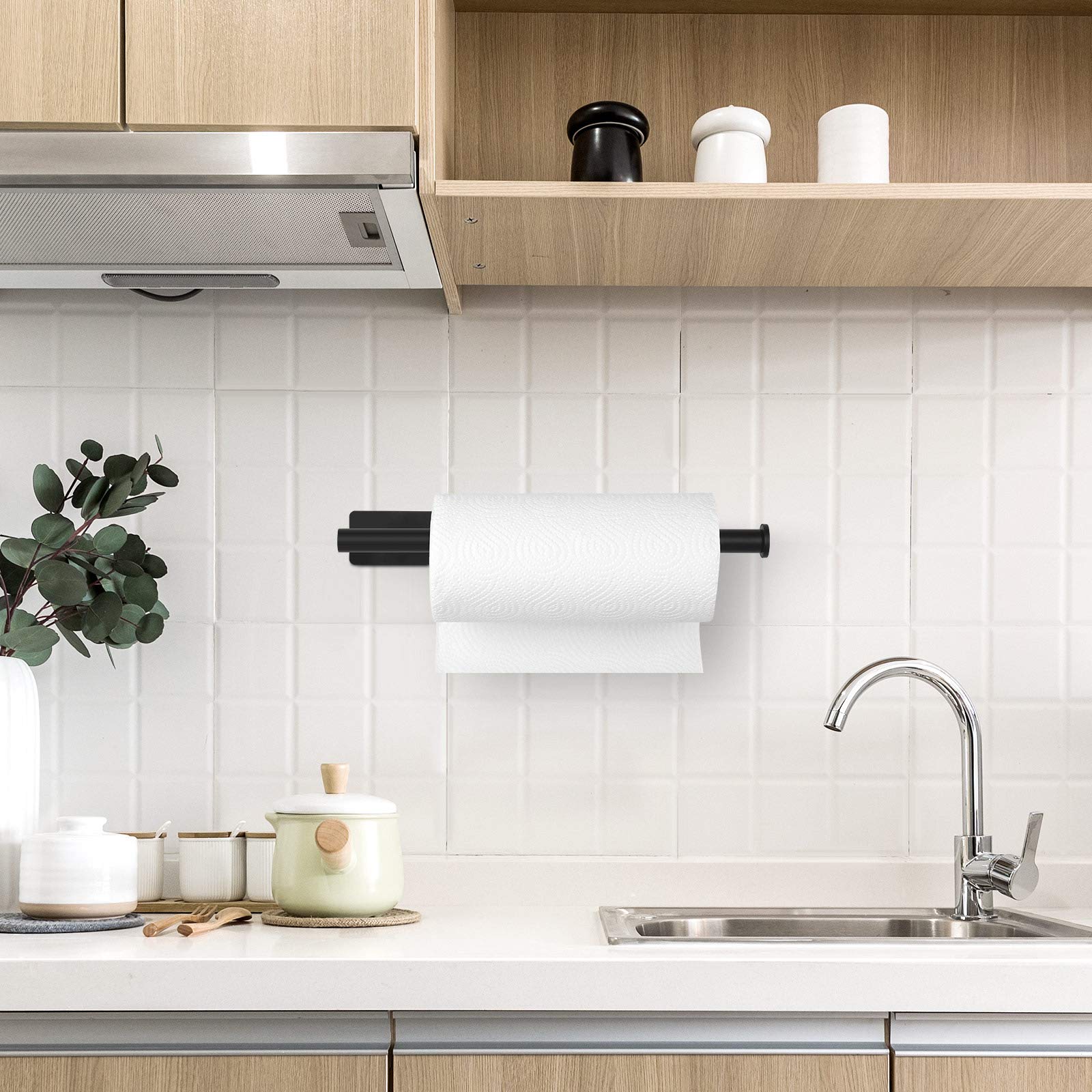 Paper Towel Holder - Self Adhesive or Drilling, Under Cabinet Black Paper Towel Rack, SUS304 Stainless Steel Wall Mount Towel Paper Holder for Kitchen, Pantry, Sink, Bathroom