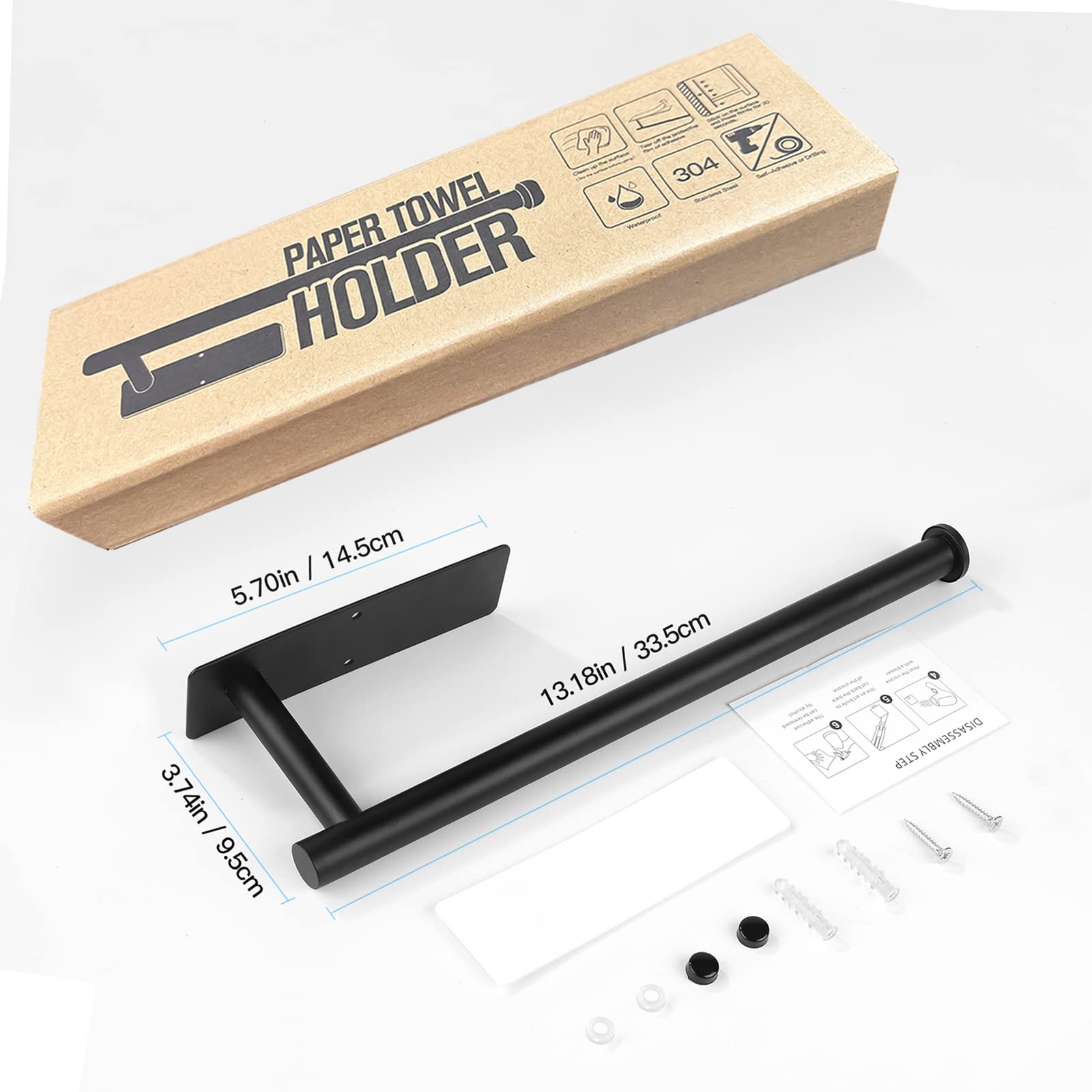 Paper Towel Holder - Self Adhesive or Drilling, Under Cabinet Black Paper Towel Rack, SUS304 Stainless Steel Wall Mount Towel Paper Holder for Kitchen, Pantry, Sink, Bathroom