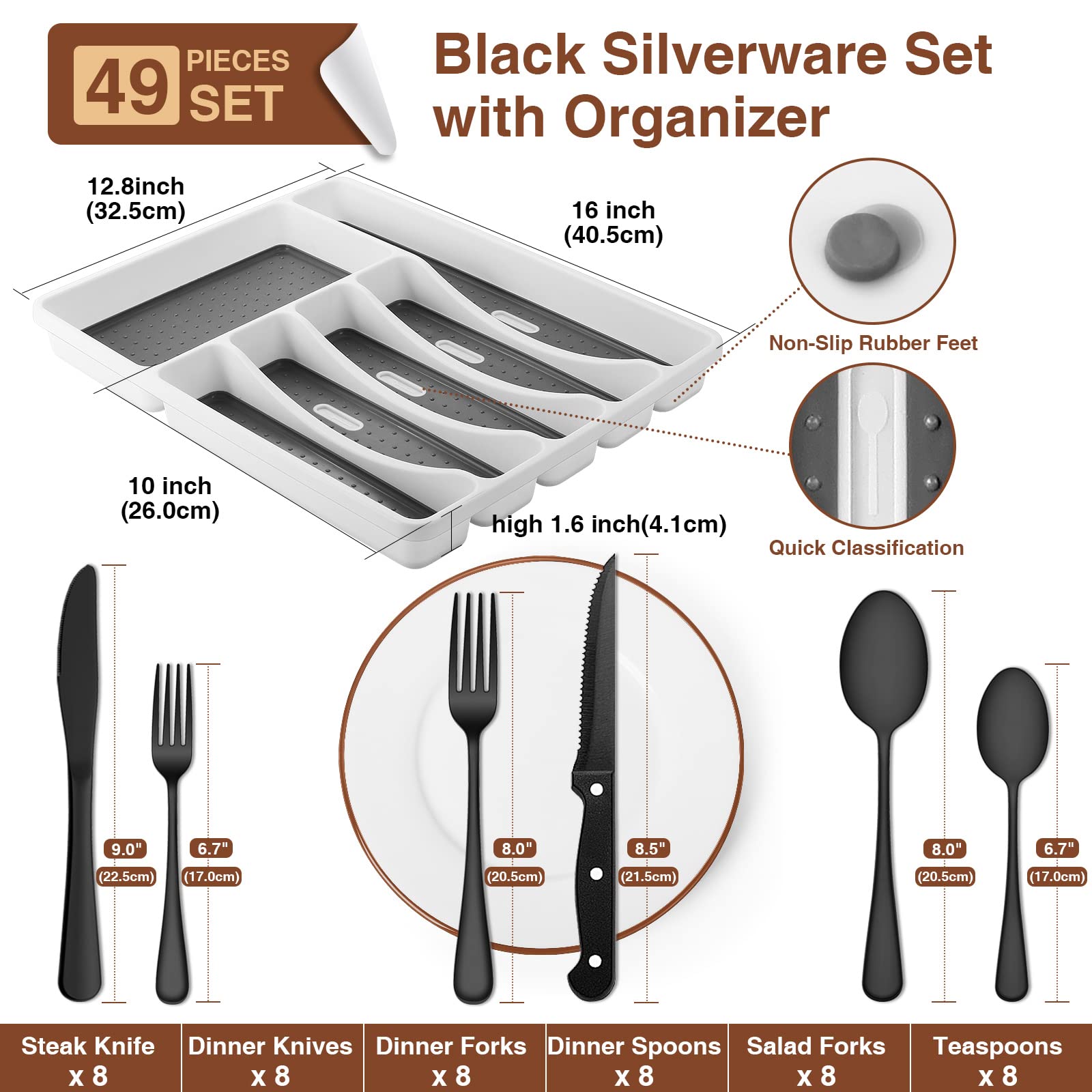 49-Piece Black Silverware Set with Organizer, Stainless Steel Flatware Set with Steak Knives for 8, AIKKIL Cutlery Set for Home Restaurant, Food-Grade Knives Forks and Spoons Silverware Set