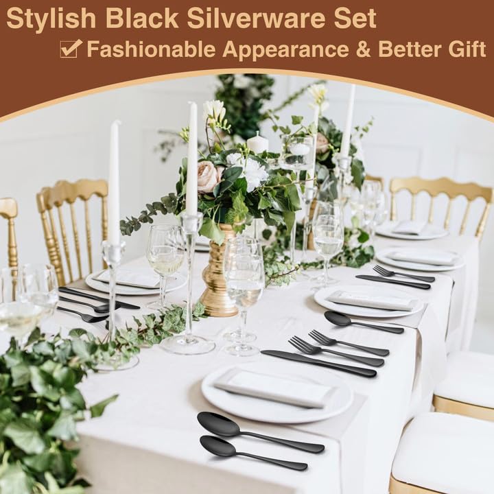 49-Piece Black Silverware Set with Organizer, Stainless Steel Flatware Set with Steak Knives for 8, AIKKIL Cutlery Set for Home Restaurant, Food-Grade Knives Forks and Spoons Silverware Set