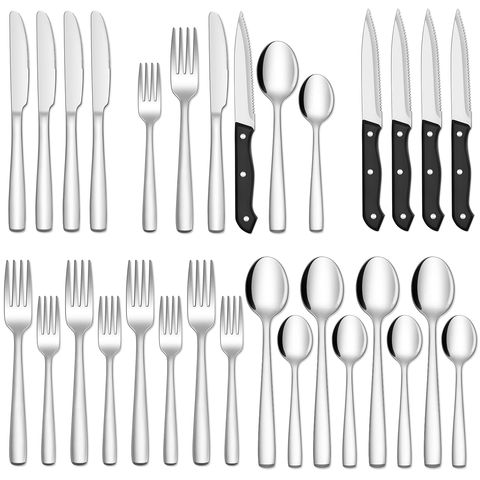 Hiware 24-Piece Silverware Set with Steak Knives, Stainless Steel Flatware Cutlery, Mirror Polished Utensils Set for 4, Includes Forks Spoons Knives Silverware, Dishwasher Safe