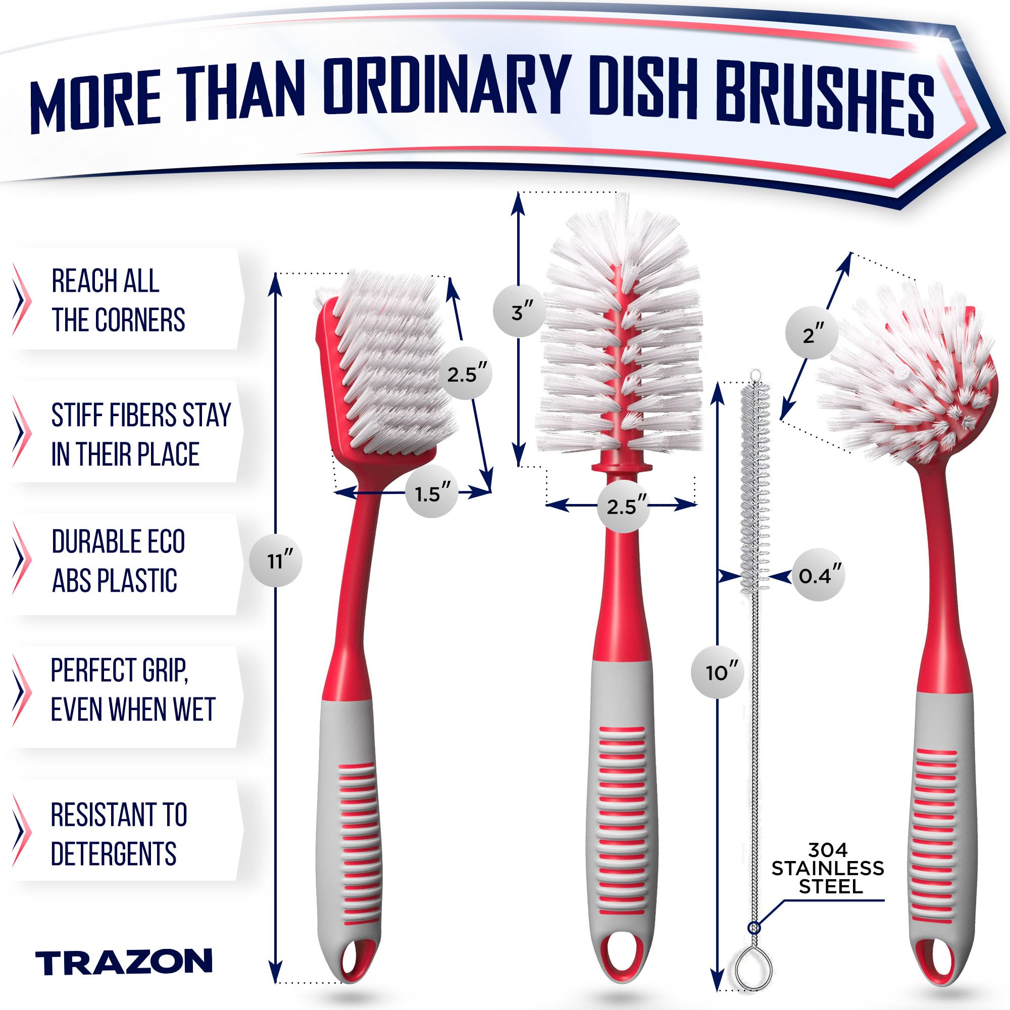 Dish Brush Set of 3 with Bottle Water Brush, Dish Scrub Brush and Scrubber Brush - Kitchen Scrub Brushes Ergonomic Non Slip Long Handle for Cleaning Cleaner Wash Sink Dishes Bottle Cup Glass Pot (Red)
