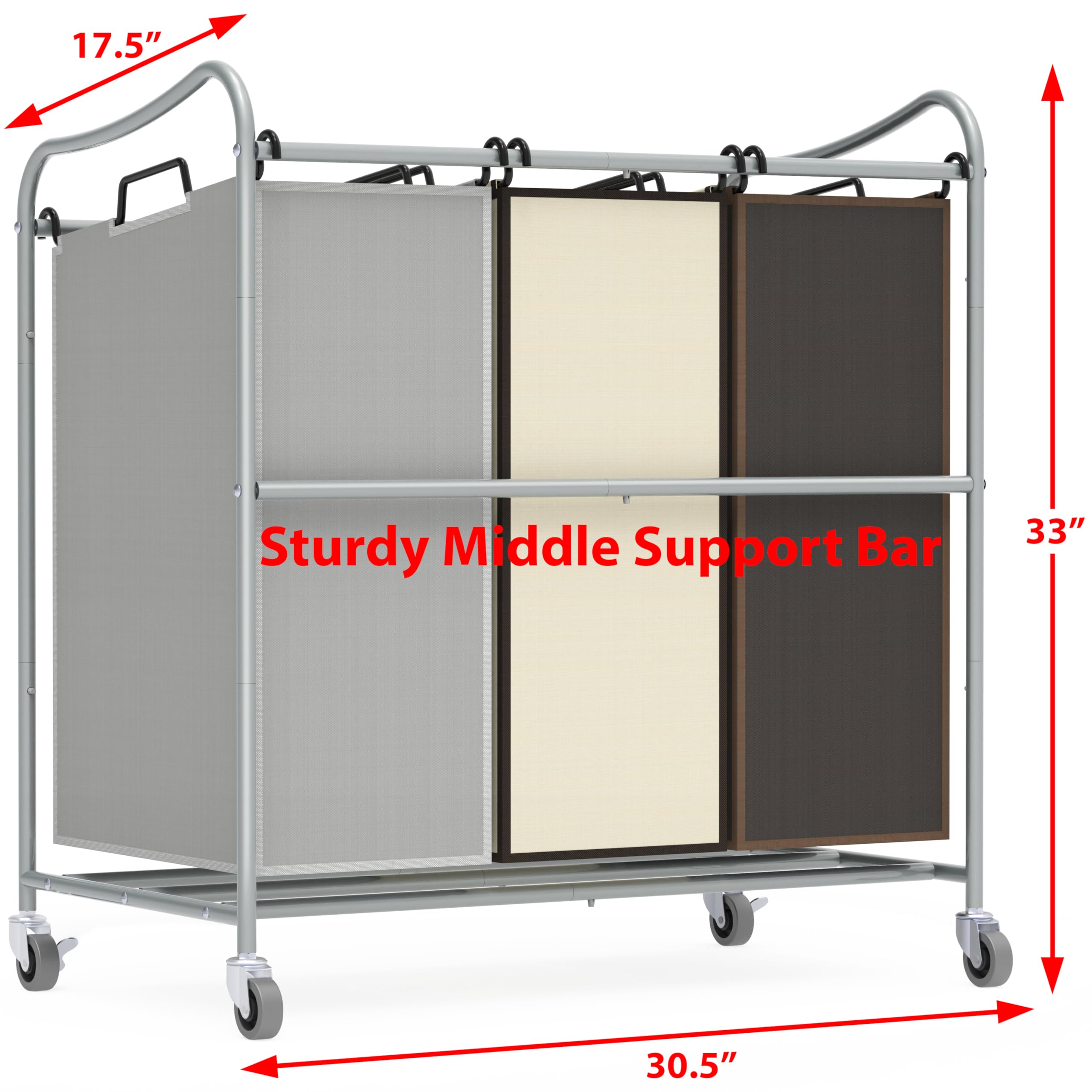 SimpleHouseware Heavy Duty 3-Bag Laundry Sorter Rolling Cart, Silver / Assorted Bags