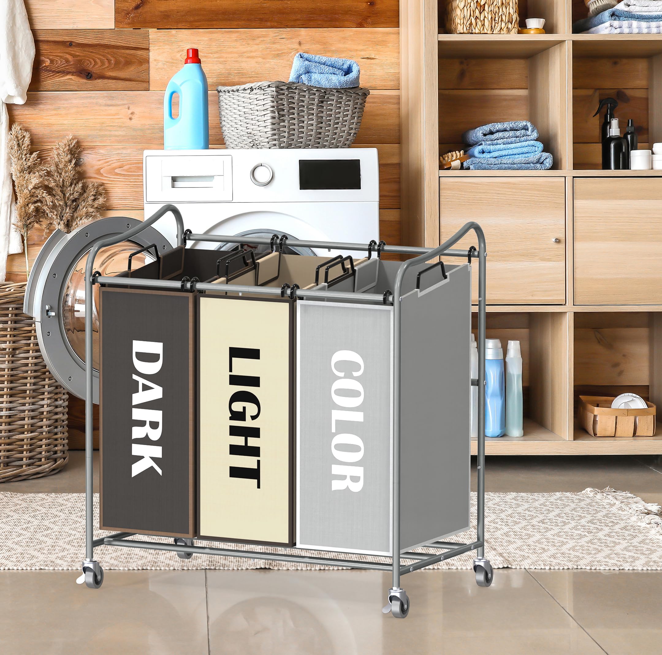 SimpleHouseware Heavy Duty 3-Bag Laundry Sorter Rolling Cart, Silver / Assorted Bags