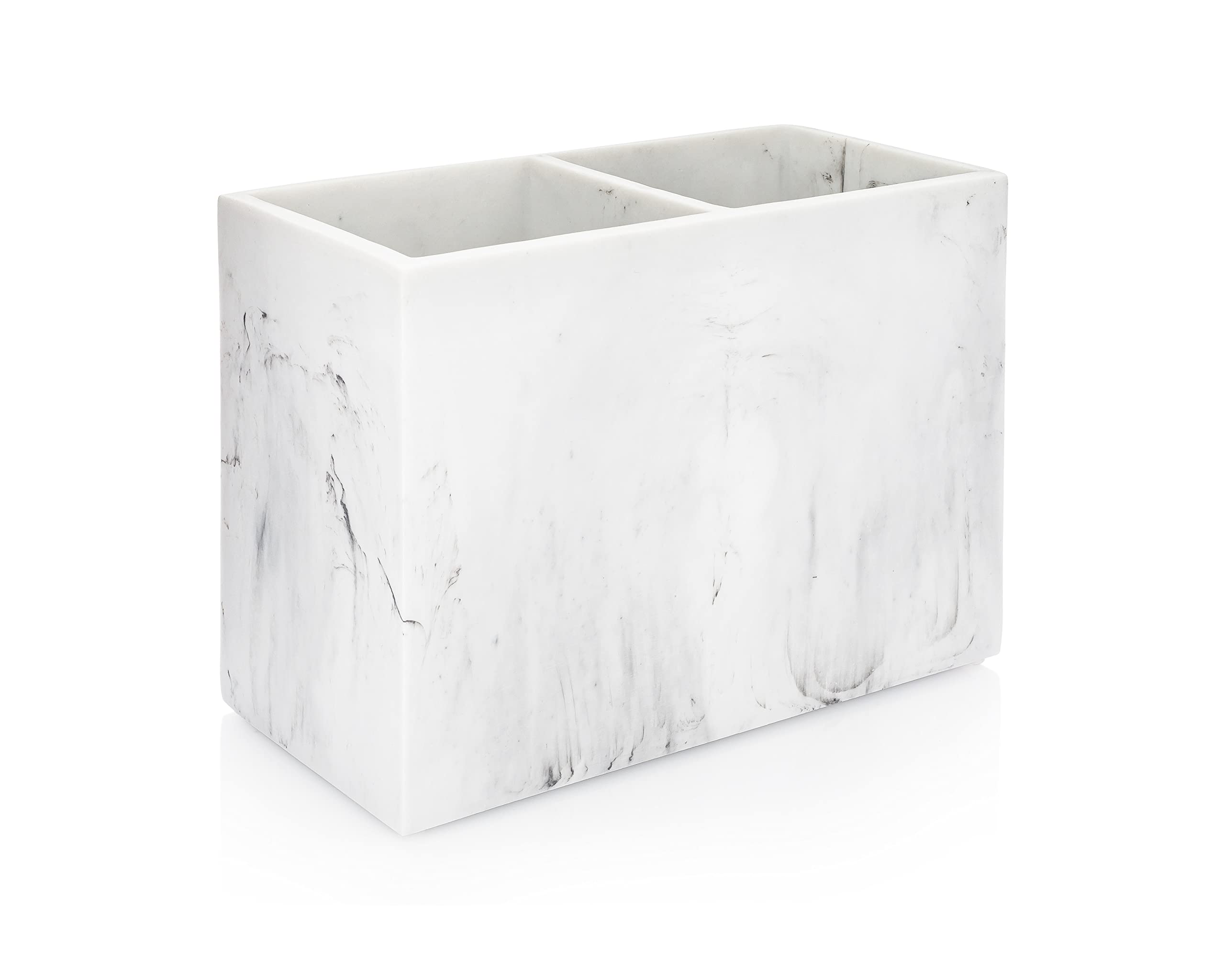 Essentra Home White Marble Kitchen Utensil Holder for Countertop, Rectangular Utensil Crock with Two Compartments.