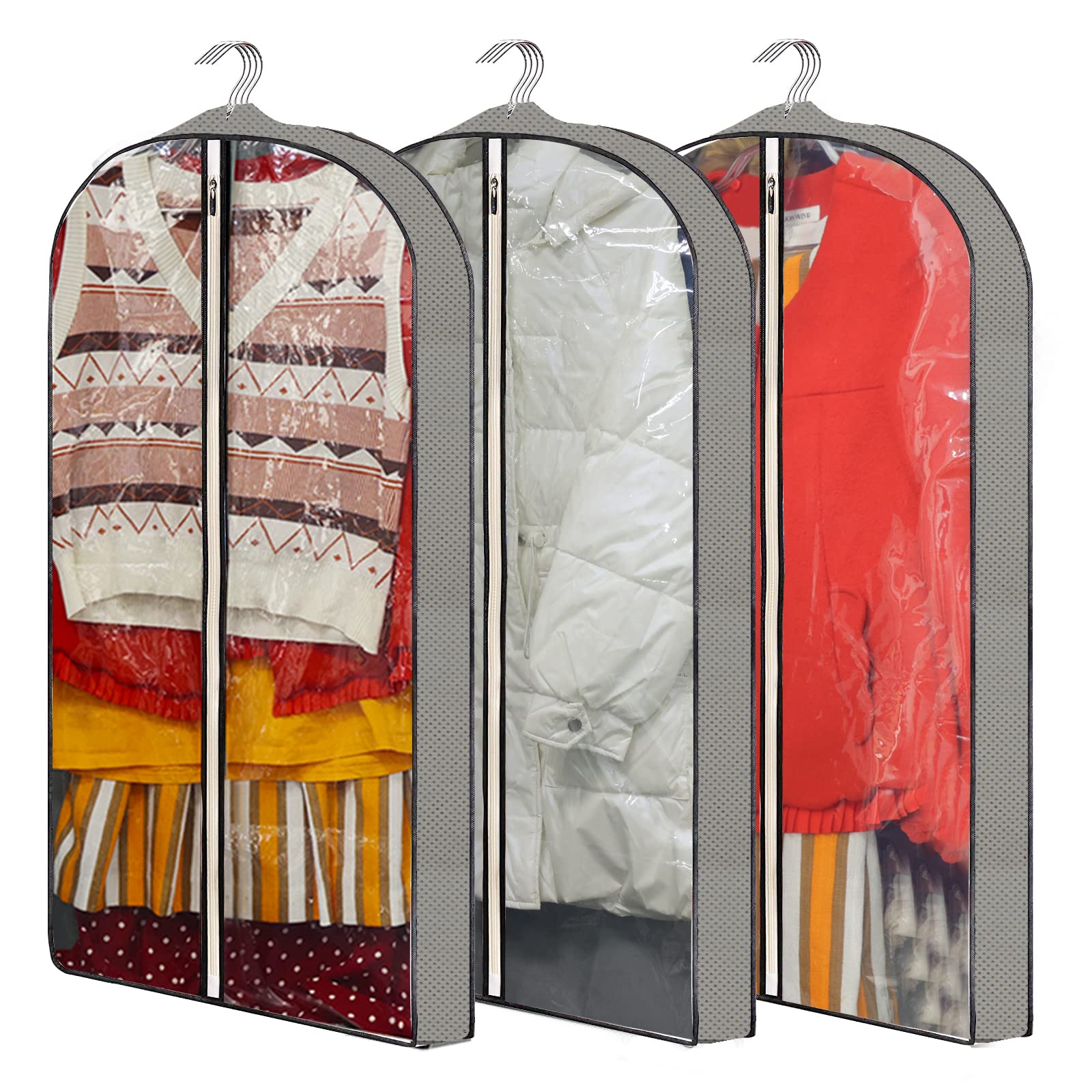 40" Garment Bags, Clear Moth Proof Suits Covers with 4" Gussetes, for Hanging Clothes Closet Storage Travel, Plastic Protector for Coat, Jacket, Sweater, Shirts, 3 Packs