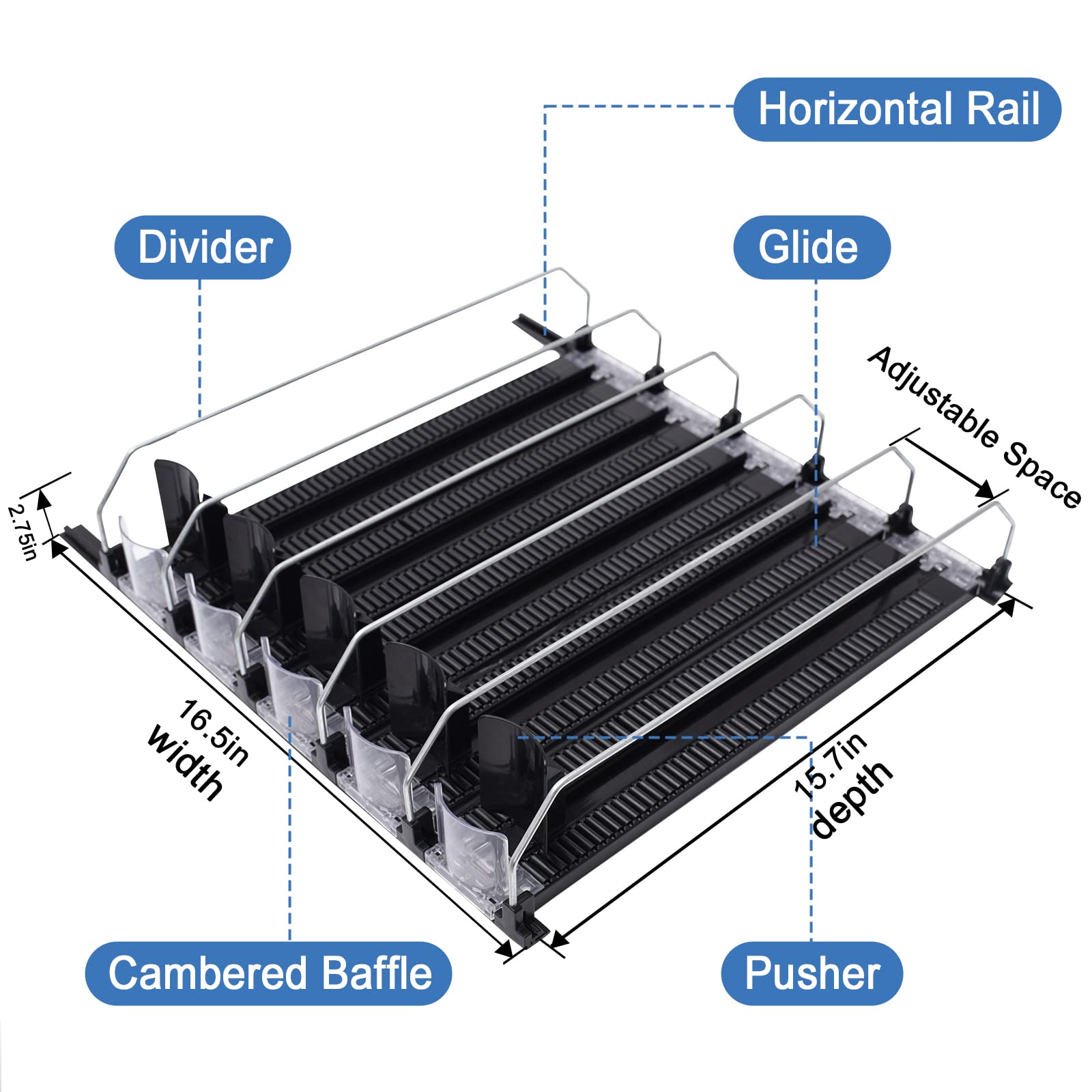 Drink Organizer for Fridge, 5 Rows Large Capacity Pop Cans Beer Bottle Spring Push Rod Wheel Design Slide Rail Organizer Stacking Cans Dispensers for Fridge and Kitchen