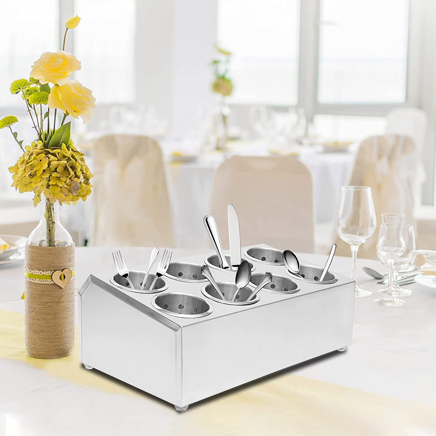 MYOYAY Commercial 8 Cups Stainless Steel Cylinder, Silverware Caddy Commercial 8 Holes Utensil Holder Stainless Steel Flatware Organizer Restaurant Flatware Cylinder Holder