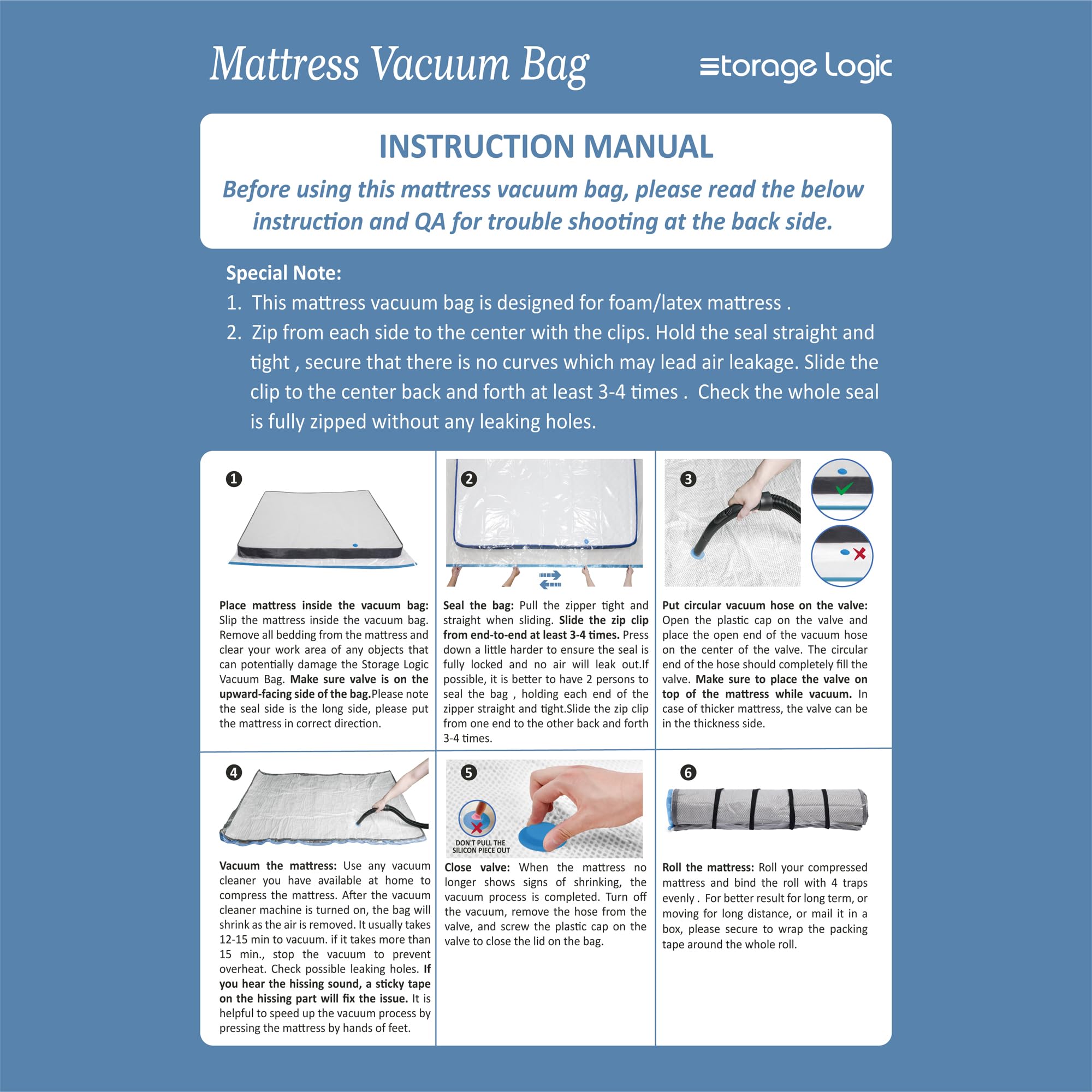 Queen/Full/Full-XL Foam Mattress Vacuum Bag with Blue Zipper, Mattress Storage Bag