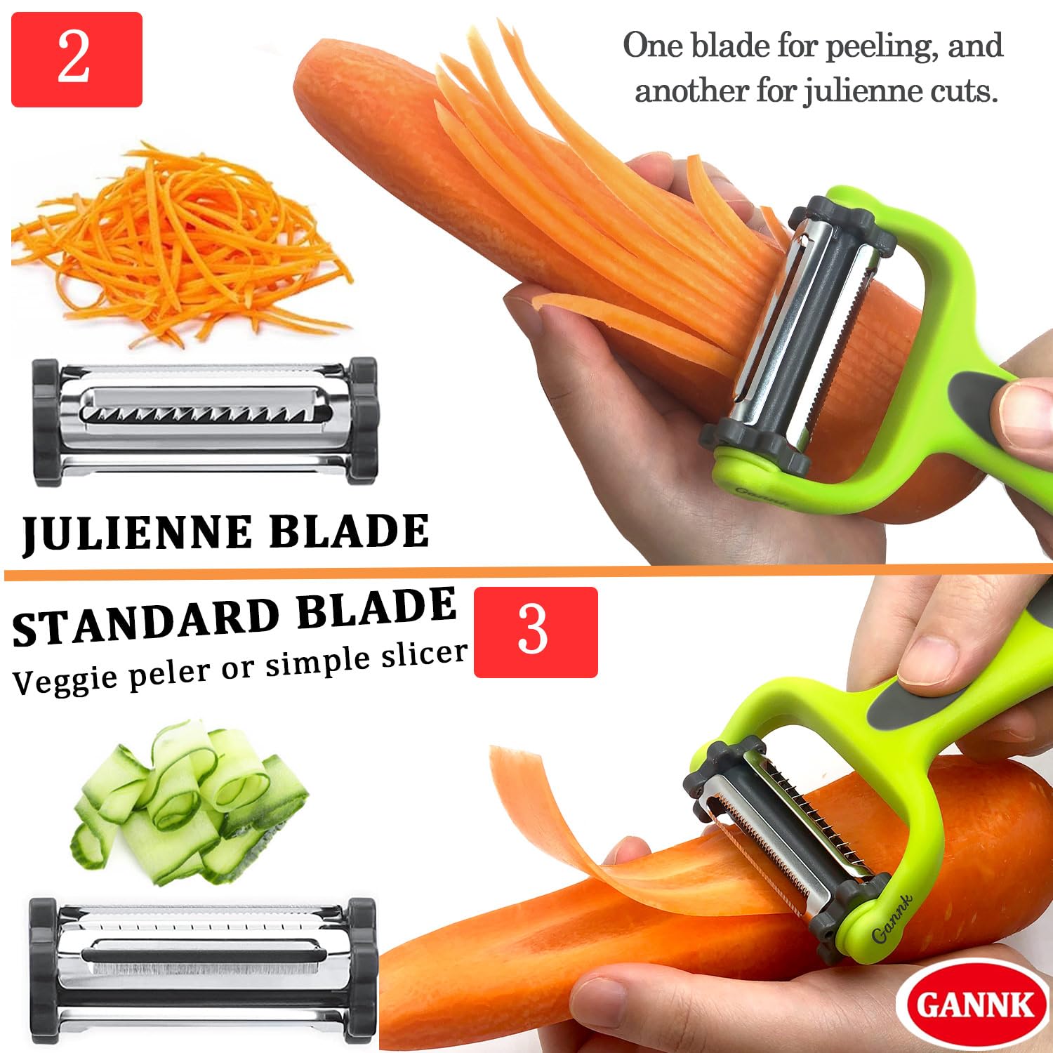 Potato Apple Vegetable Peelers for Kitchen, I and Y Peelers for Fruit Veggie Potatoes Carrot Cucumber, 3 in 1 Blade Spin Design With Julienne Function