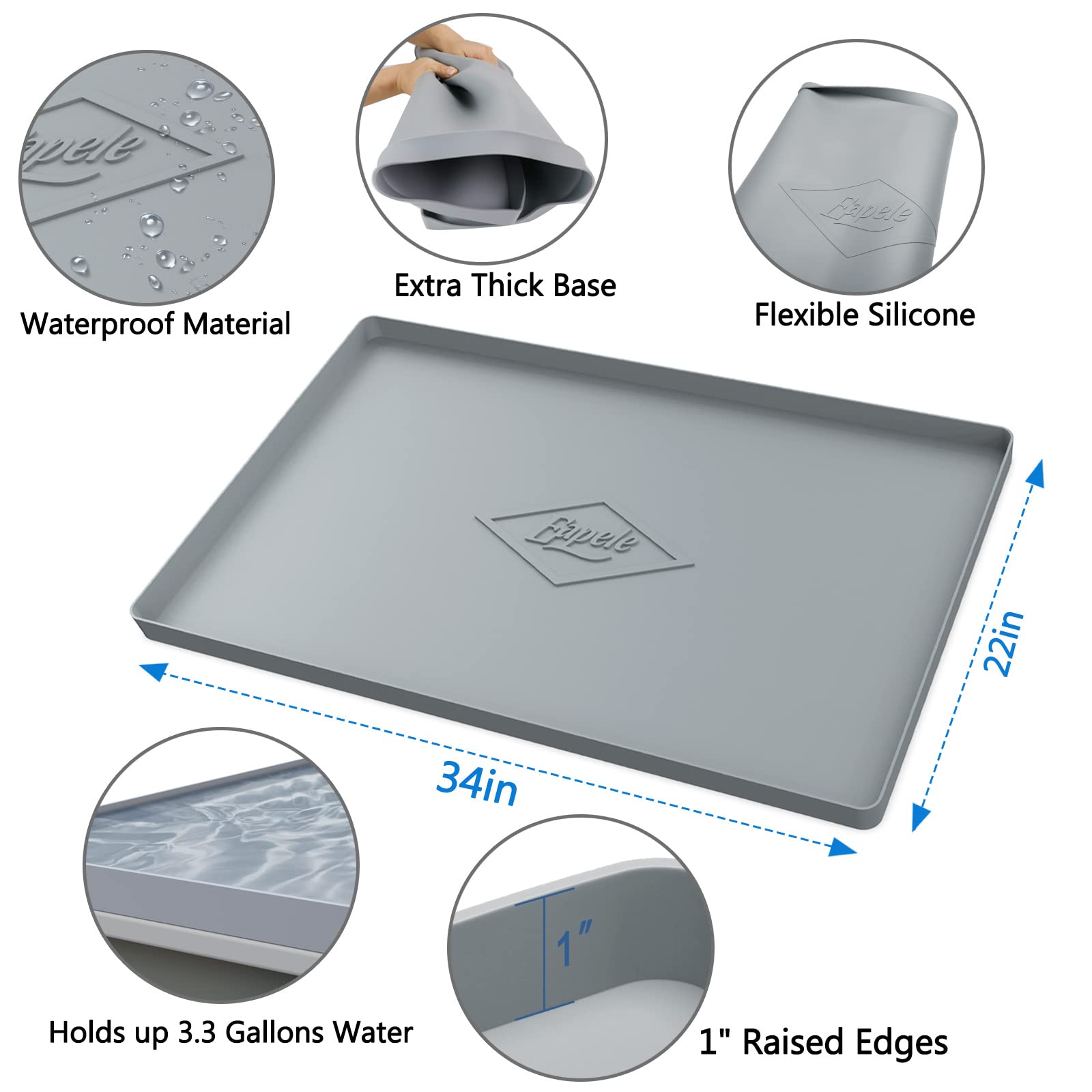 Eapele Under Sink Mat Kitchen Cabinet Tray,34"x22",Flexible Waterproof Silicone Made, Hold up to 3.3 Gallons Liquid (Gray)