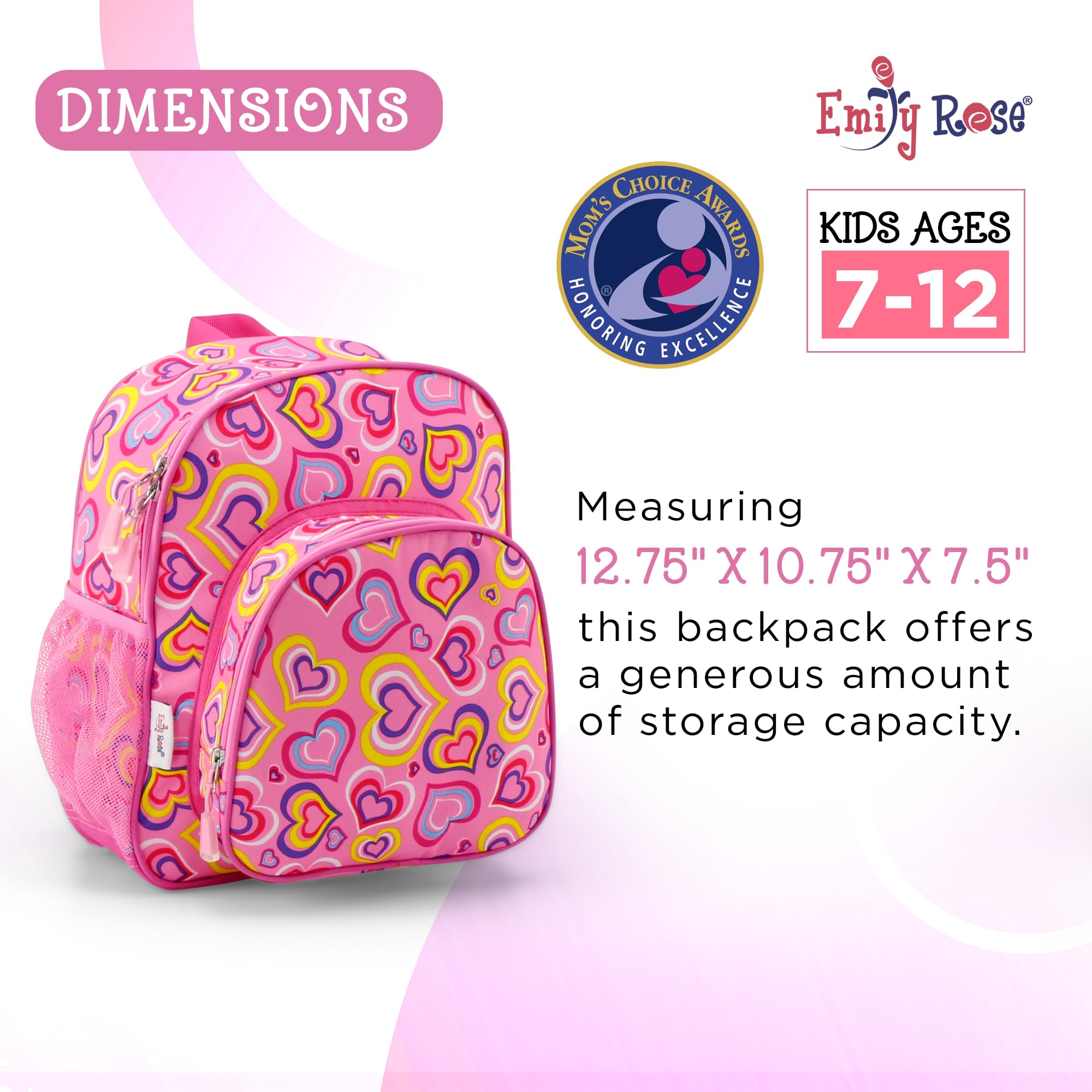 Emily Rose 12.5-Inch Back Pack Girls | Toddler Bag Perfect for Preschool and Travel | Features Padded Back and Adjustable Straps | BONUS: Includes matching notebook and 2 pencils! (Playful Hearts)