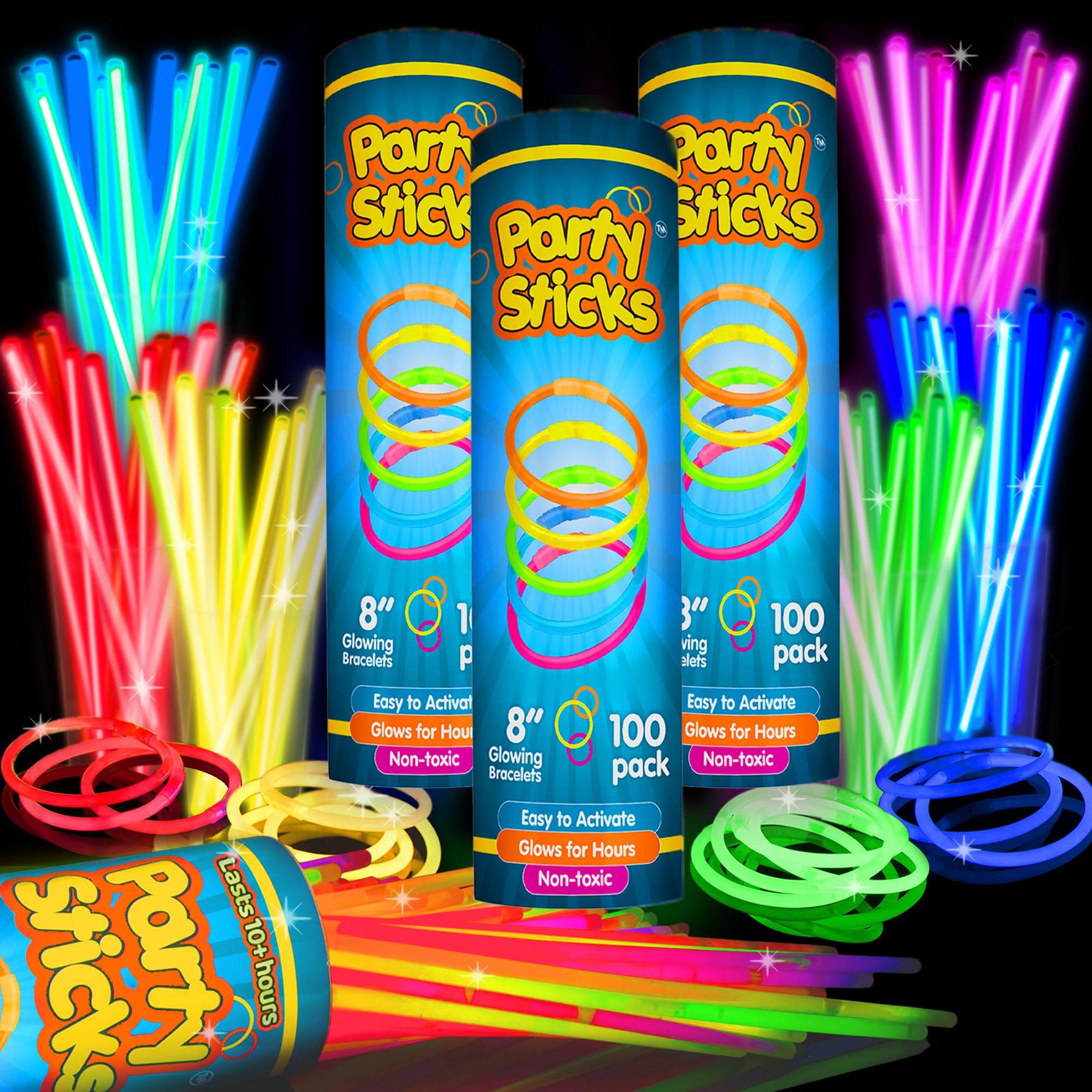 PartySticks Glow Sticks Party Supplies 300pk - 8 Inch Glow in The Dark Light Up Sticks Party Favors, Glow Party Decorations, Neon Party Glow Necklaces and Glow Bracelets with Connectors