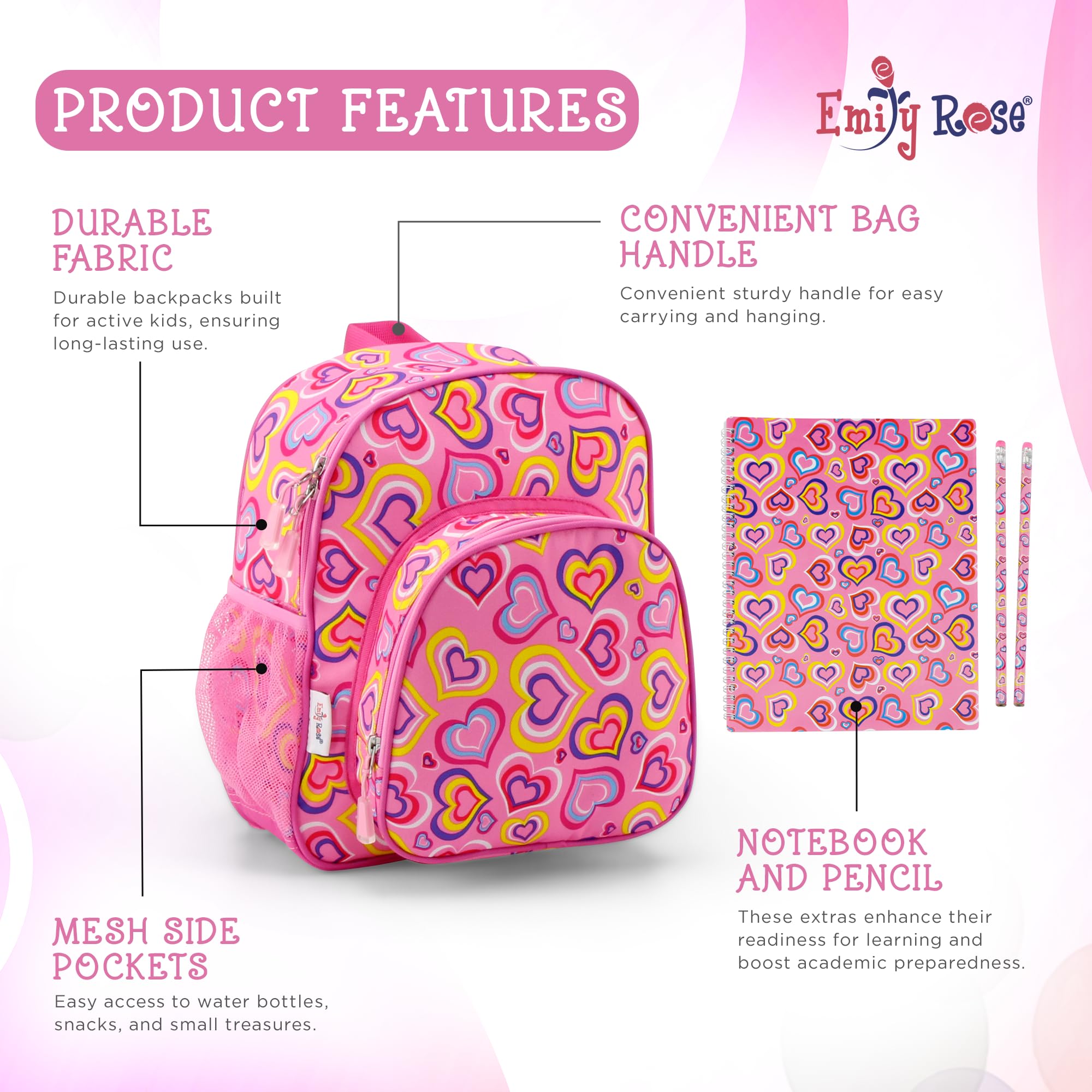 Emily Rose 12.5-Inch Back Pack Girls | Toddler Bag Perfect for Preschool and Travel | Features Padded Back and Adjustable Straps | BONUS: Includes matching notebook and 2 pencils! (Playful Hearts)
